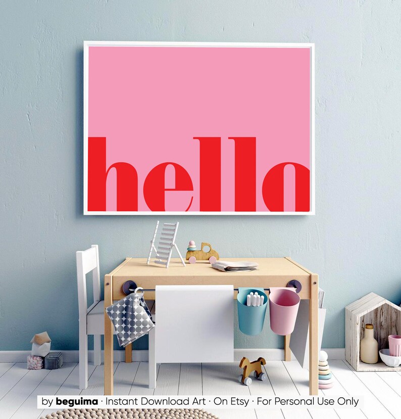 Hello Printpinkredhello Posterprintable Wall - Etsy