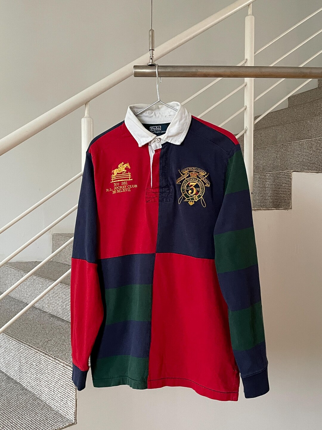 Mens POLO RALPH LAUREN Rugby Shirt Patchwork Long Sleeve Tee T Shirt ...