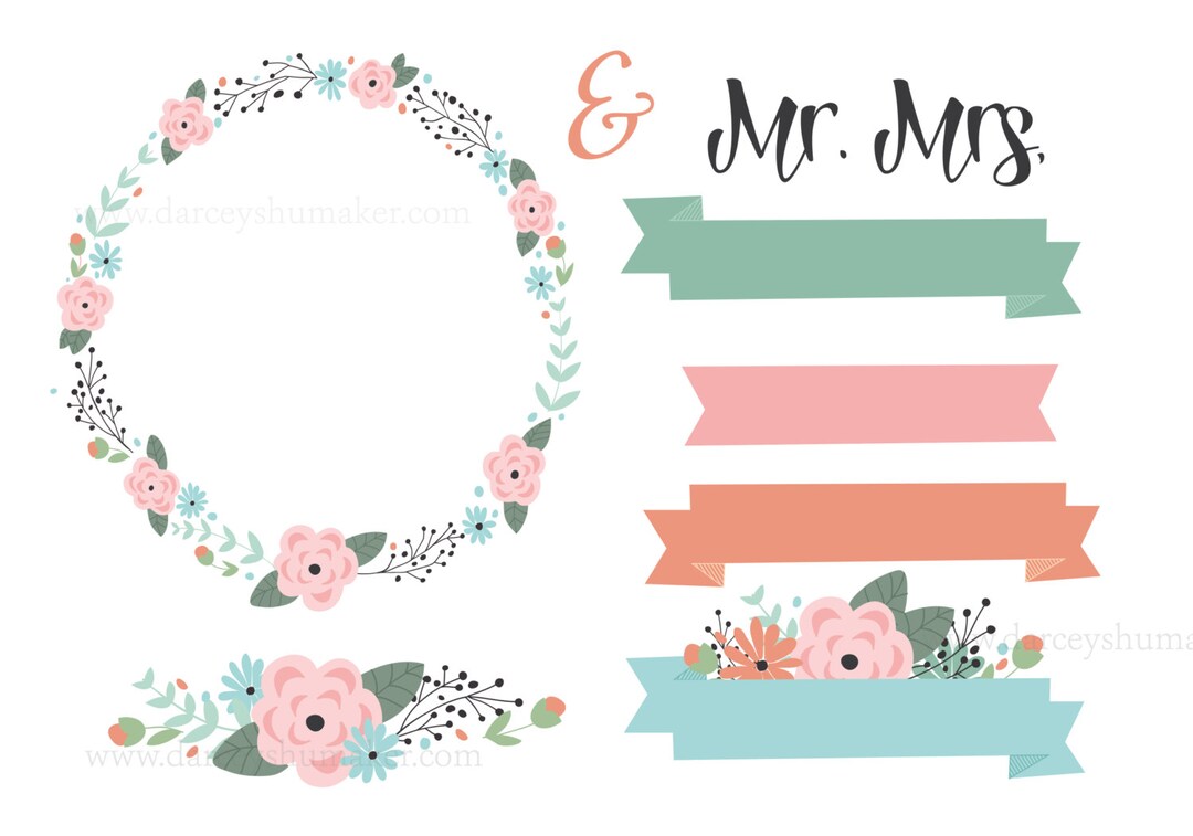 Floral Wreath Banner Wedding Clipart Set Instant Digital Download - Etsy