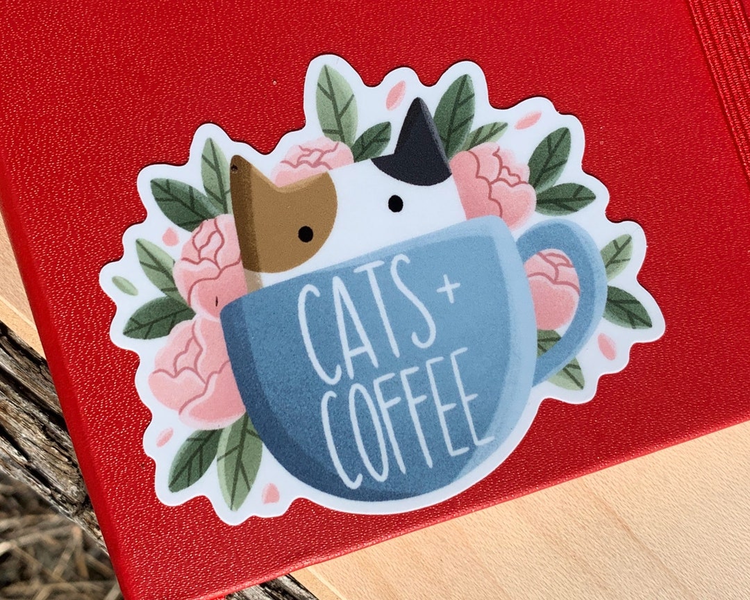 Cat Vinyl Sticker, Cat Sticker, Cat Decal, Coffee Vinyl Sticker, Coffee ...