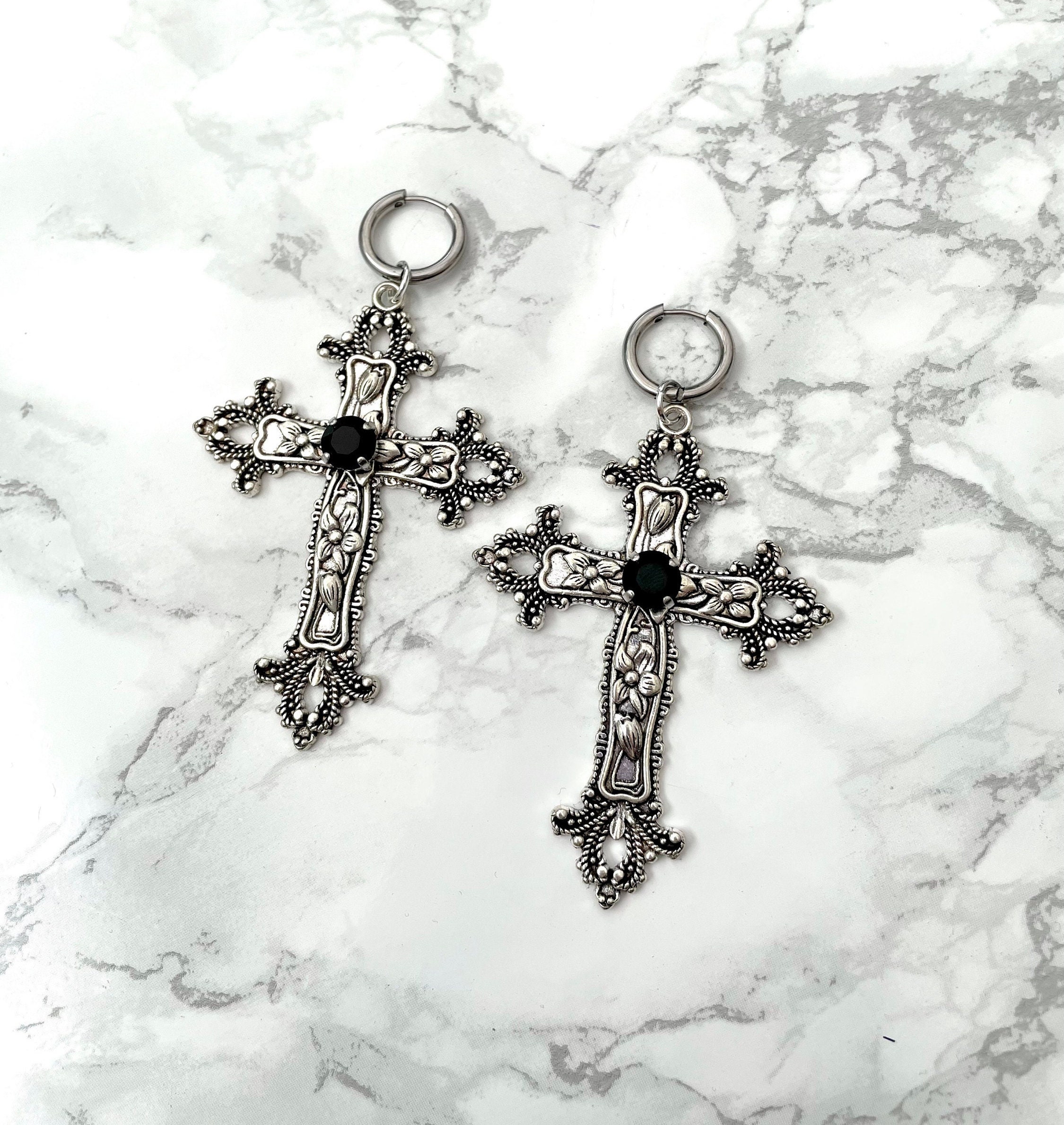 Large Silver Tone Gothic Jewel Cross Earrings, Gothic Cross Earrings ...