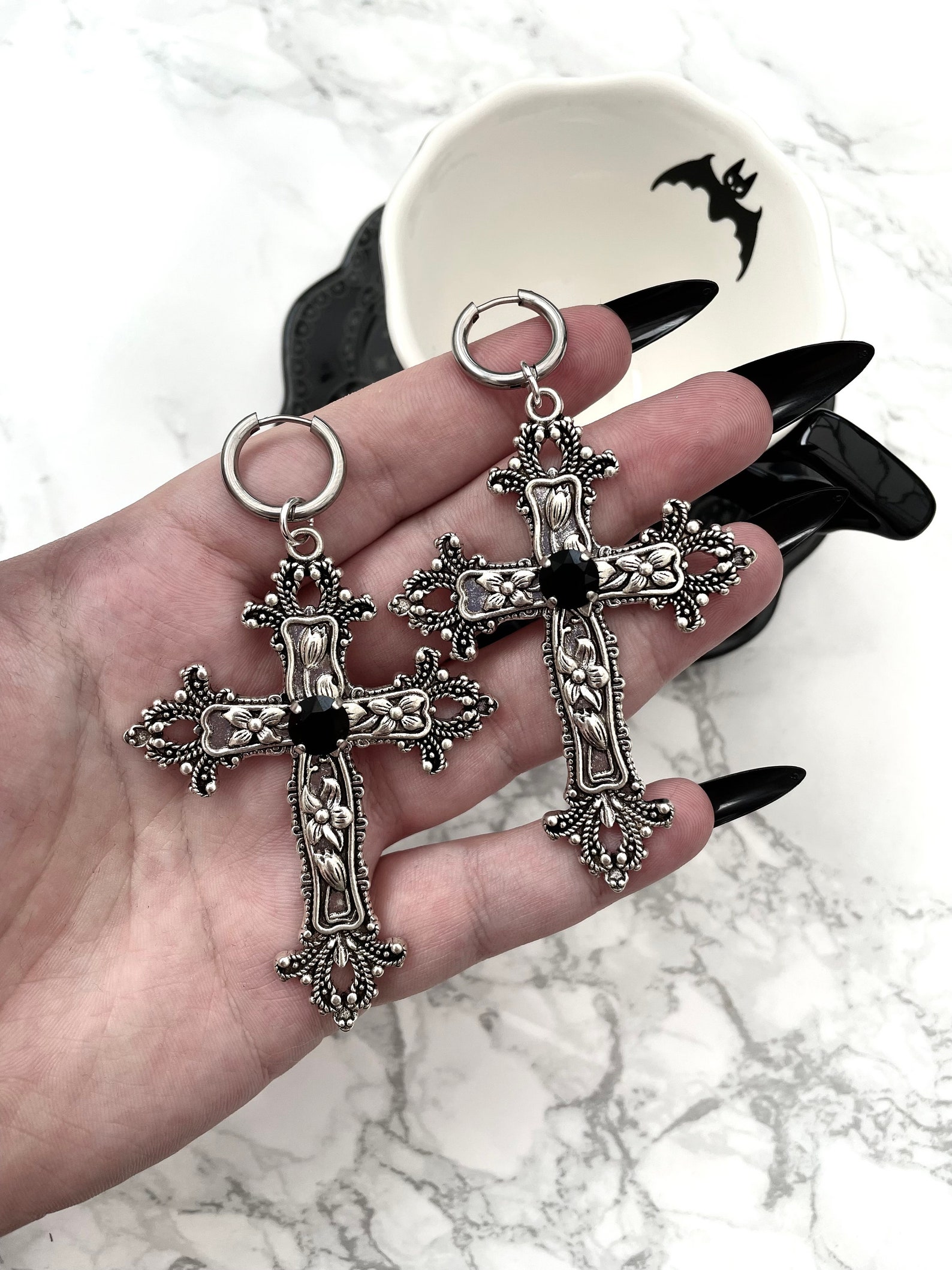 Large Silver Tone Gothic Jewel Cross Earrings, Gothic Cross Earrings ...