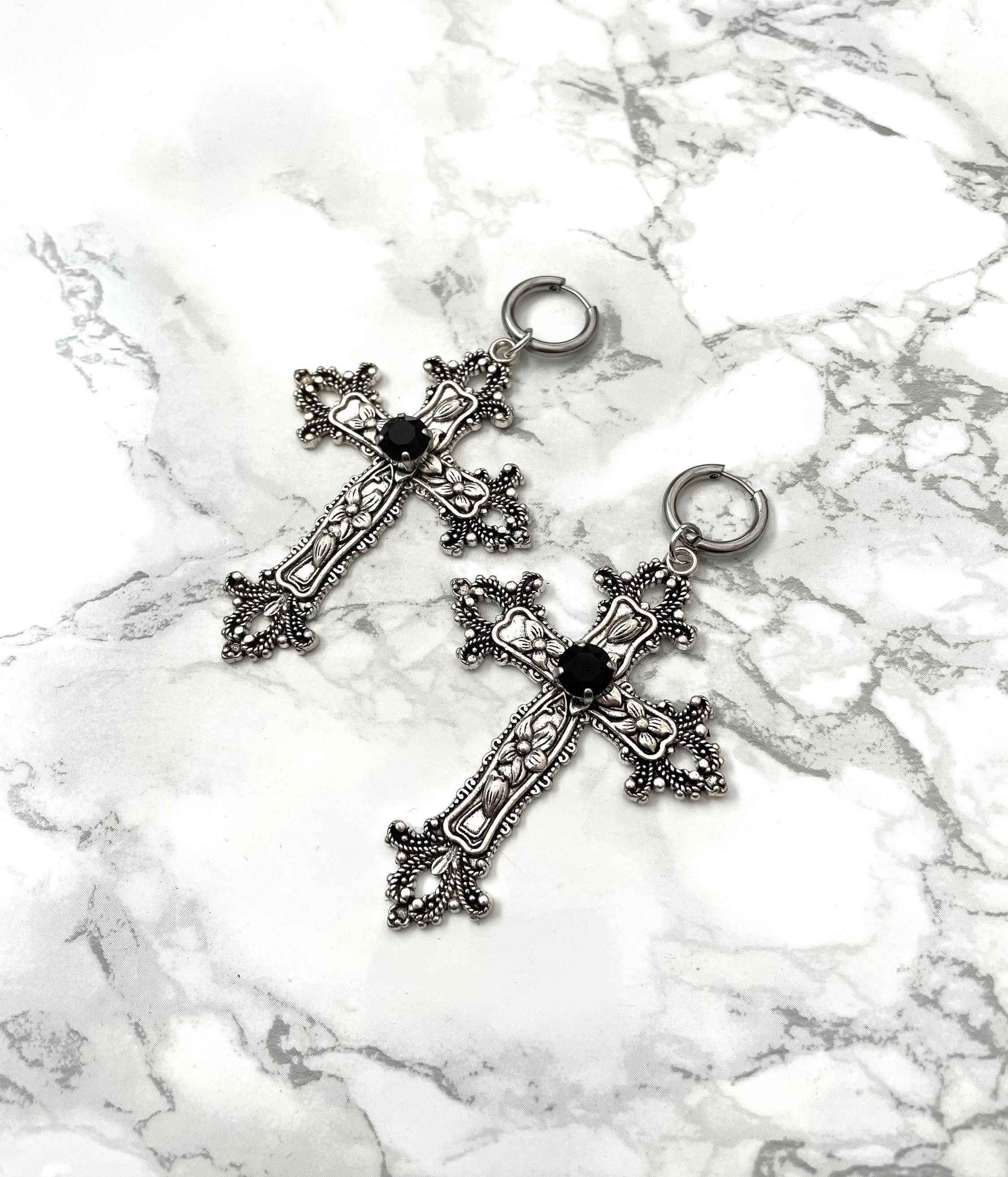 Large Silver Tone Gothic Jewel Cross Earrings, Gothic Cross Earrings ...