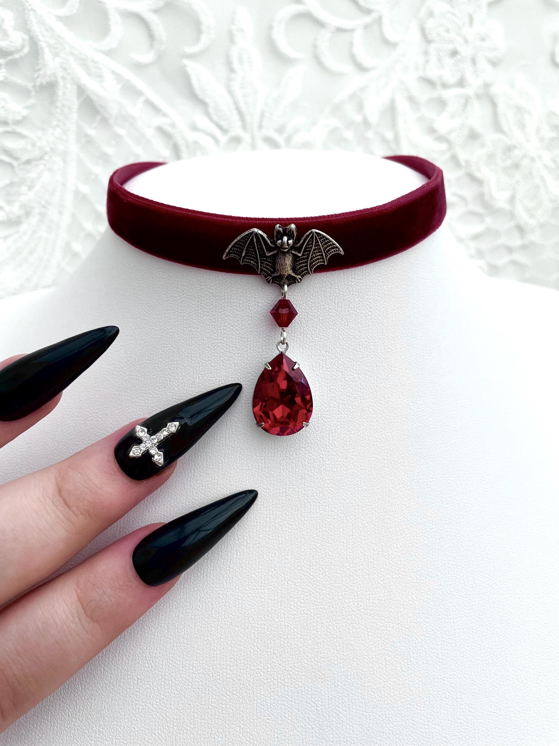 Velvet Bat Choker: Red Ribbon & Crystal Drop, Gothic Jewelry - Etsy