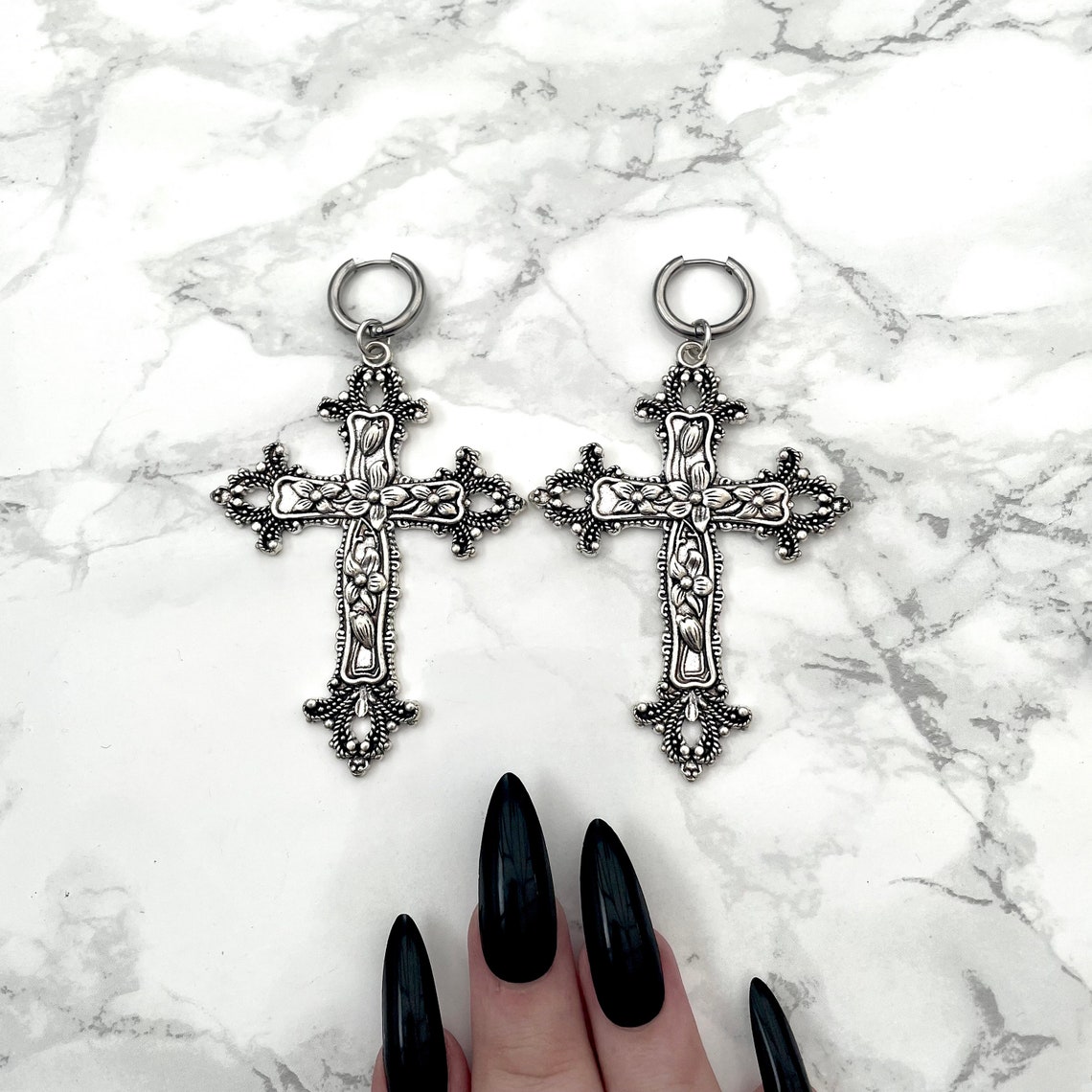 Large Silver Tone Floral Cross Earrings, Cross Earrings, Large Cross ...
