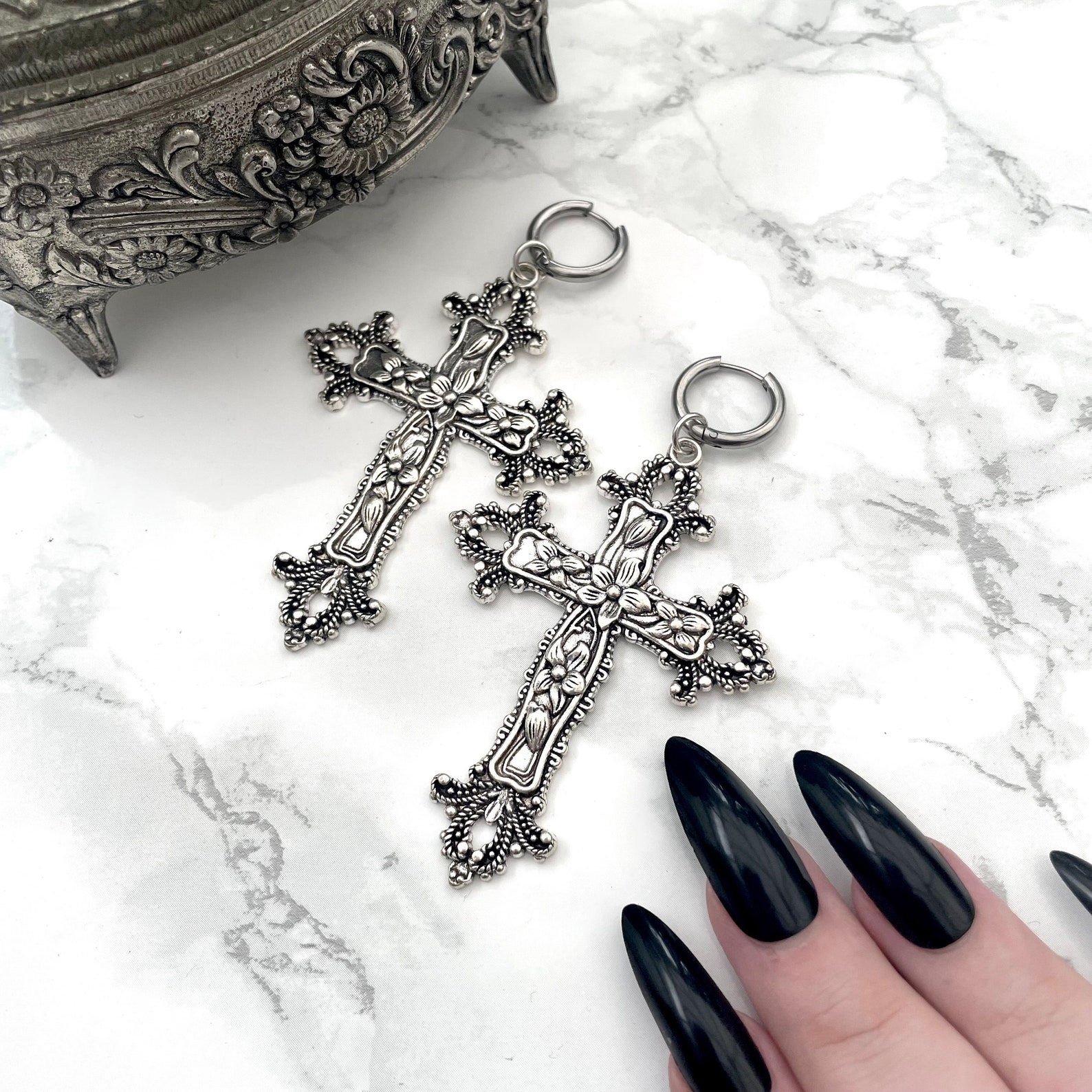 Large Silver Tone Floral Cross Earrings, Cross Earrings, Large Cross ...
