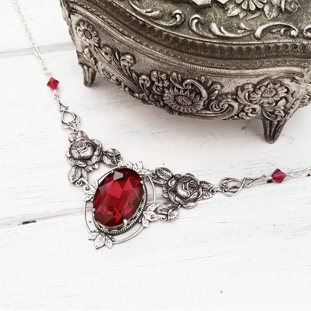 Romantic Silver Rose Glass Jewel Necklace red | Etsy