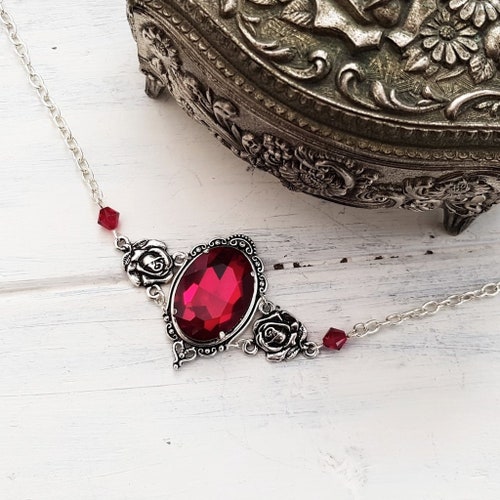 Victorian Gothic Lace Choker Necklace Ruby Red Pendant & | Etsy