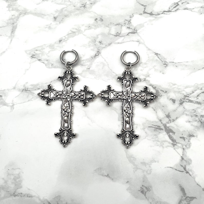 Large Silver Tone Floral Cross Earrings, Cross Earrings, Large Cross ...