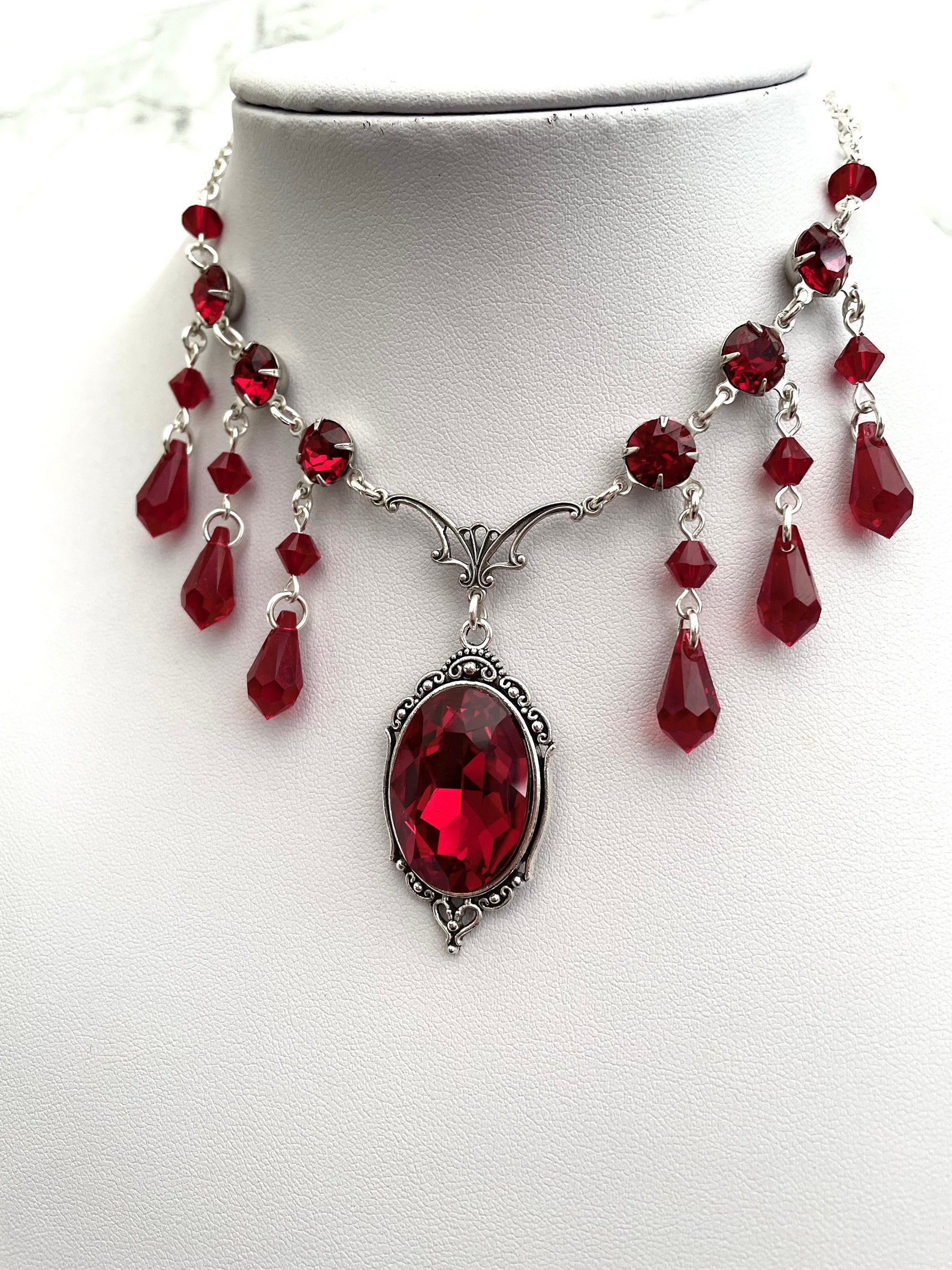 Gothic Red Crystal Drops Pendant Necklace: Victorian Vampiric Jewelry ...