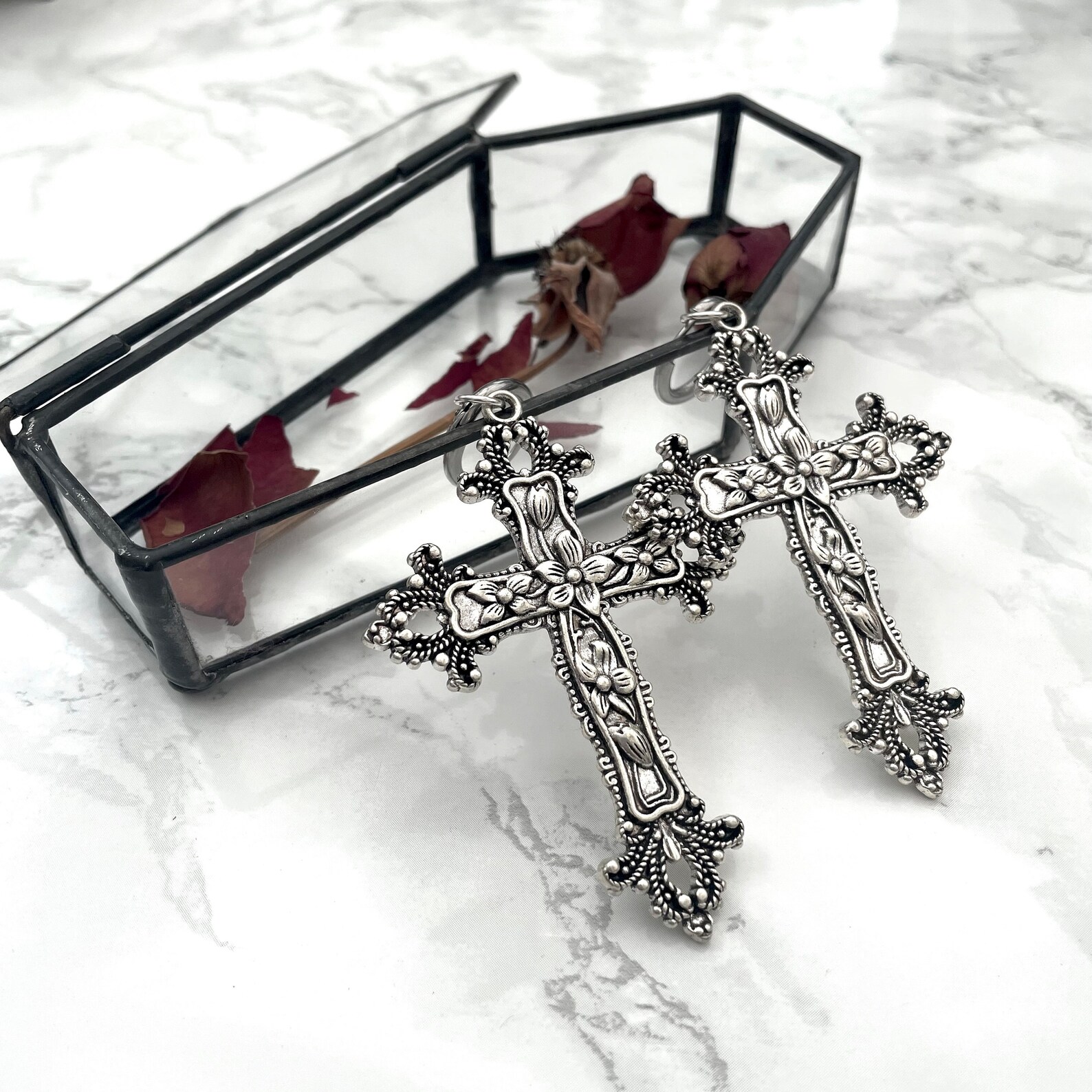 Large Silver Tone Floral Cross Earrings, Cross Earrings, Large Cross ...