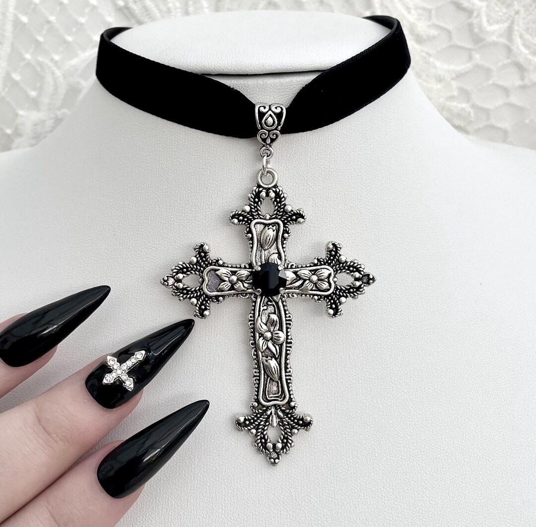 Large Cross Choker, Black Velvet Choker, Gothic Cross, Goth Velvet ...