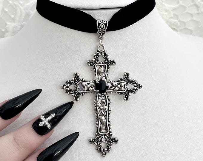 Large Cross Choker, Black Velvet Choker, Gothic Cross, Goth Velvet ...