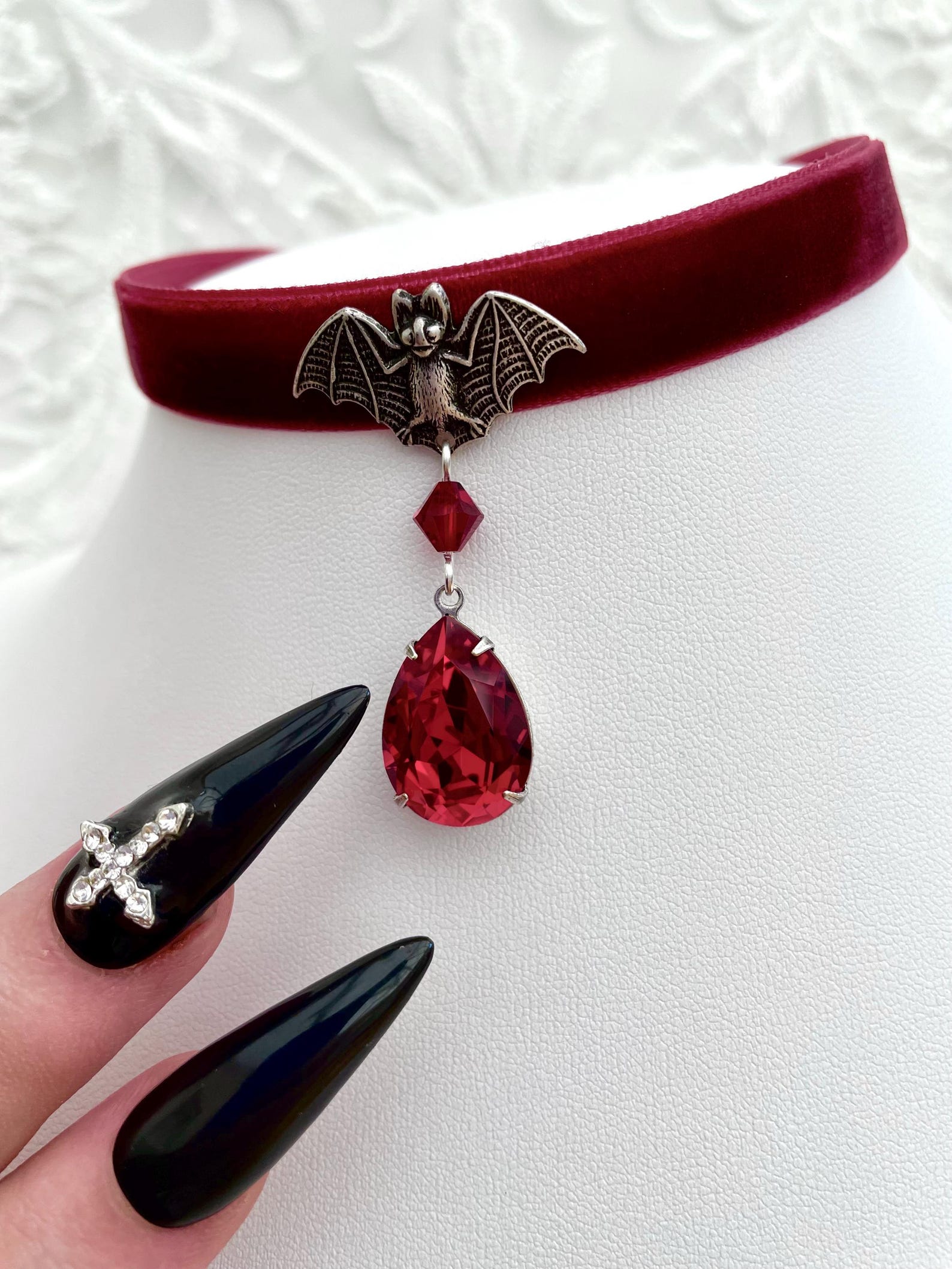 Velvet Bat Choker: Red Ribbon & Crystal Drop, Gothic Jewelry - Etsy