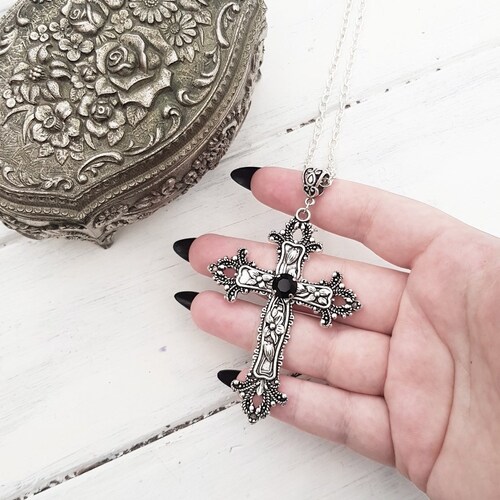 Large Silver Tone Gothic Jewel Cross Earrings black - Etsy