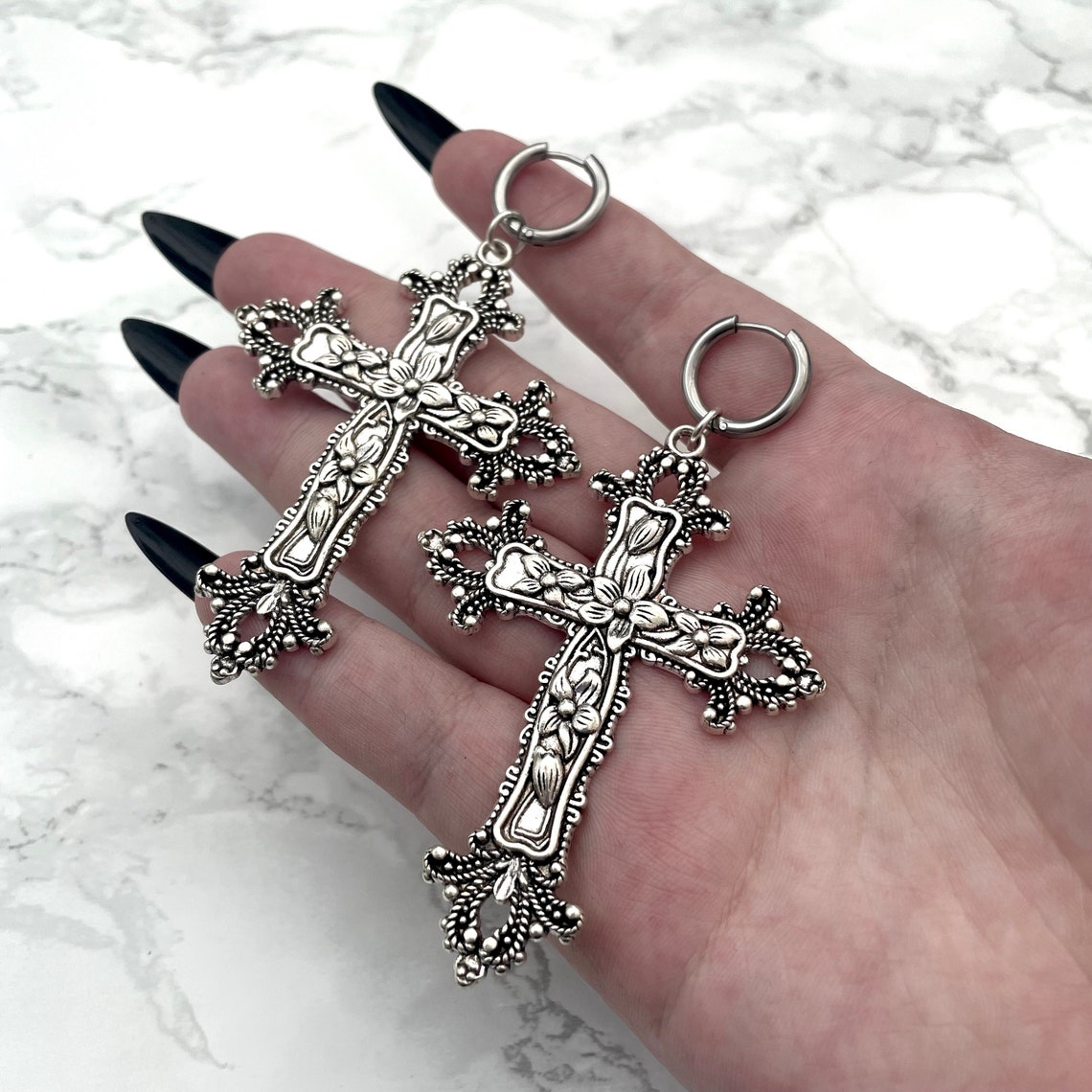 Large Silver Tone Floral Cross Earrings, Cross Earrings, Large Cross ...