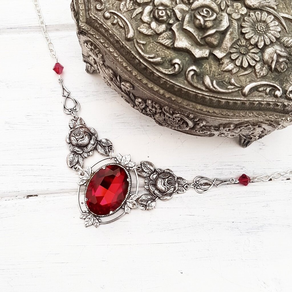 Romantic Silver Rose Glass Jewel Necklace red | Etsy