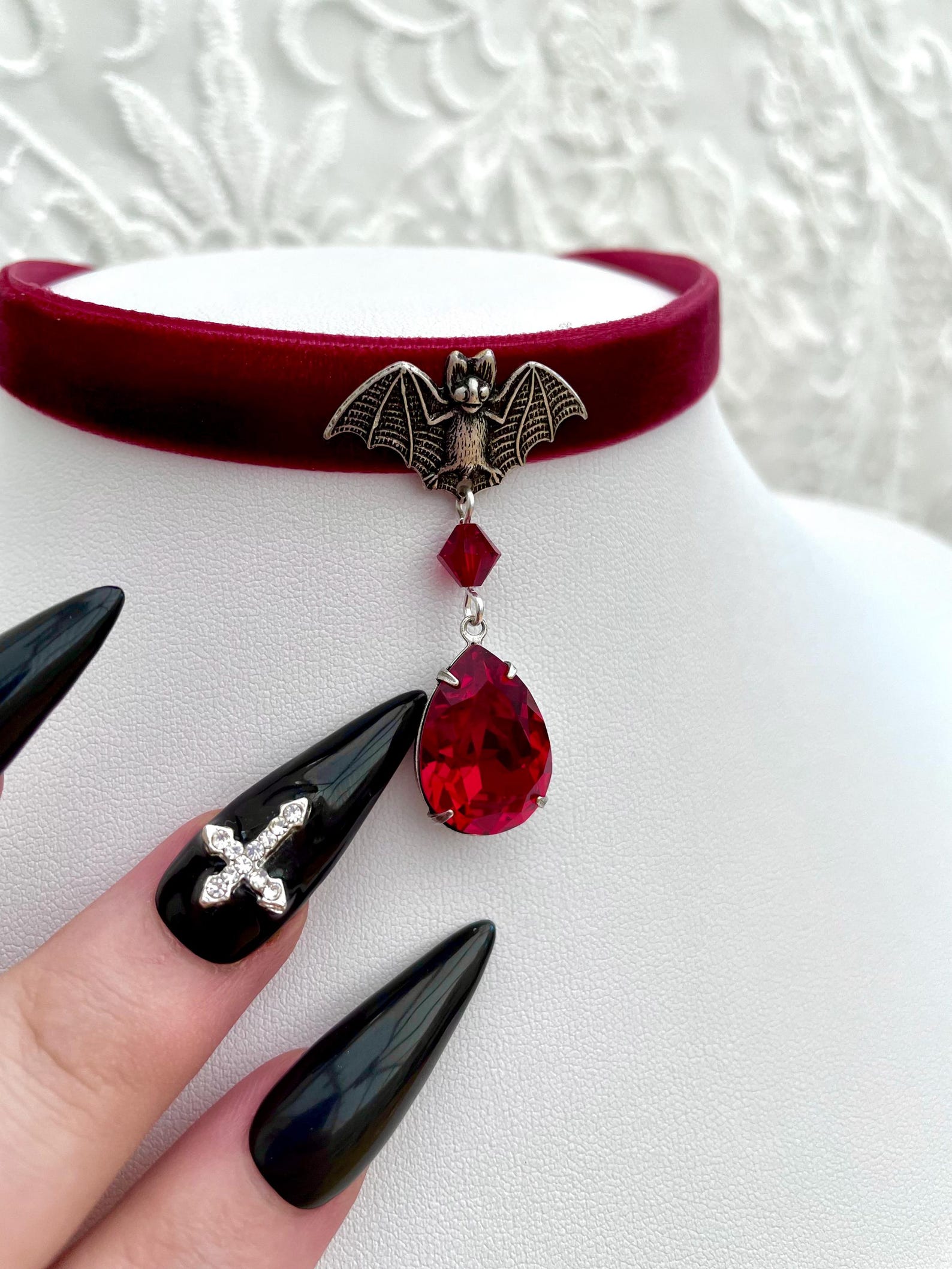 Velvet Bat Choker: Red Ribbon & Crystal Drop, Gothic Jewelry - Etsy