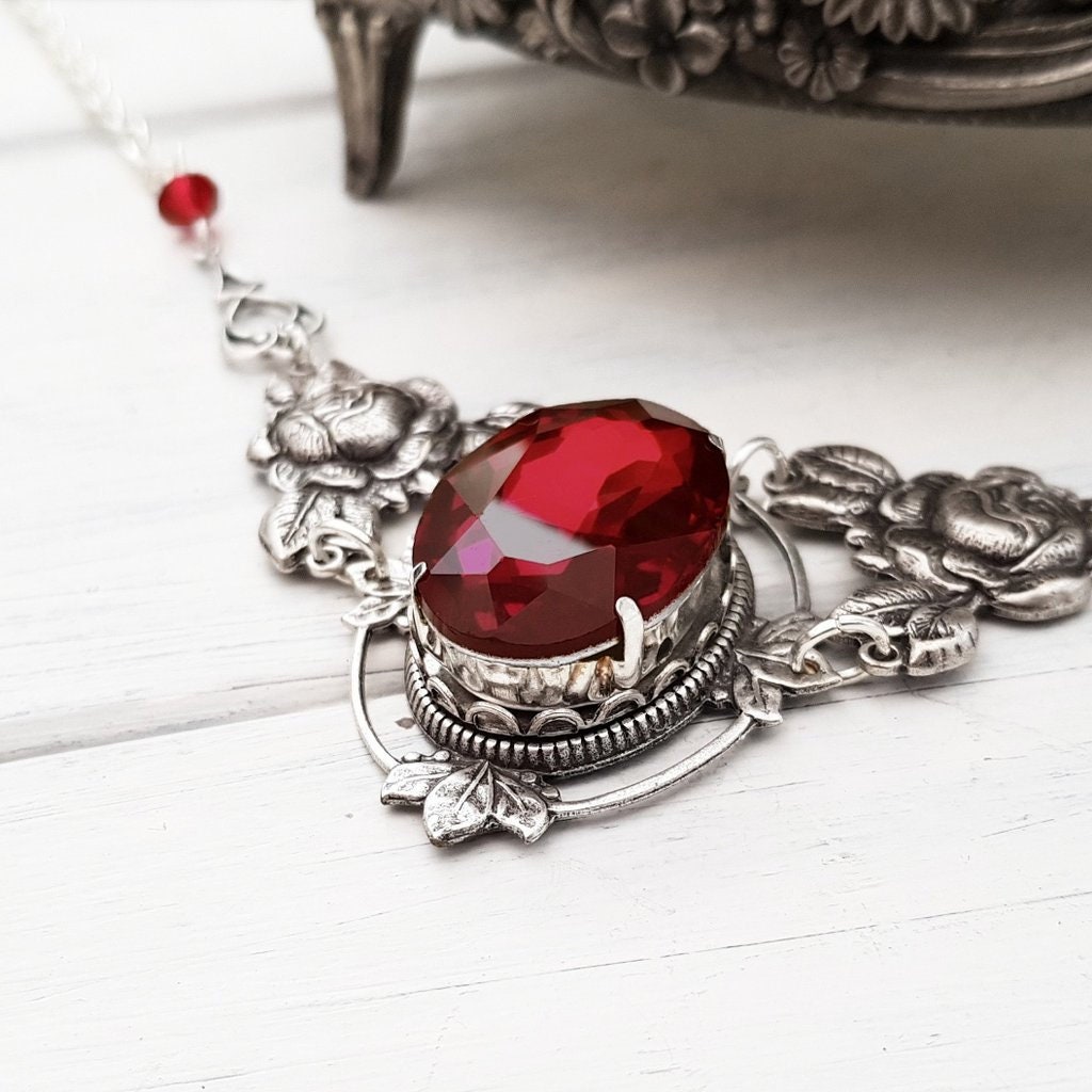 Romantic Silver Rose Glass Jewel Necklace red | Etsy