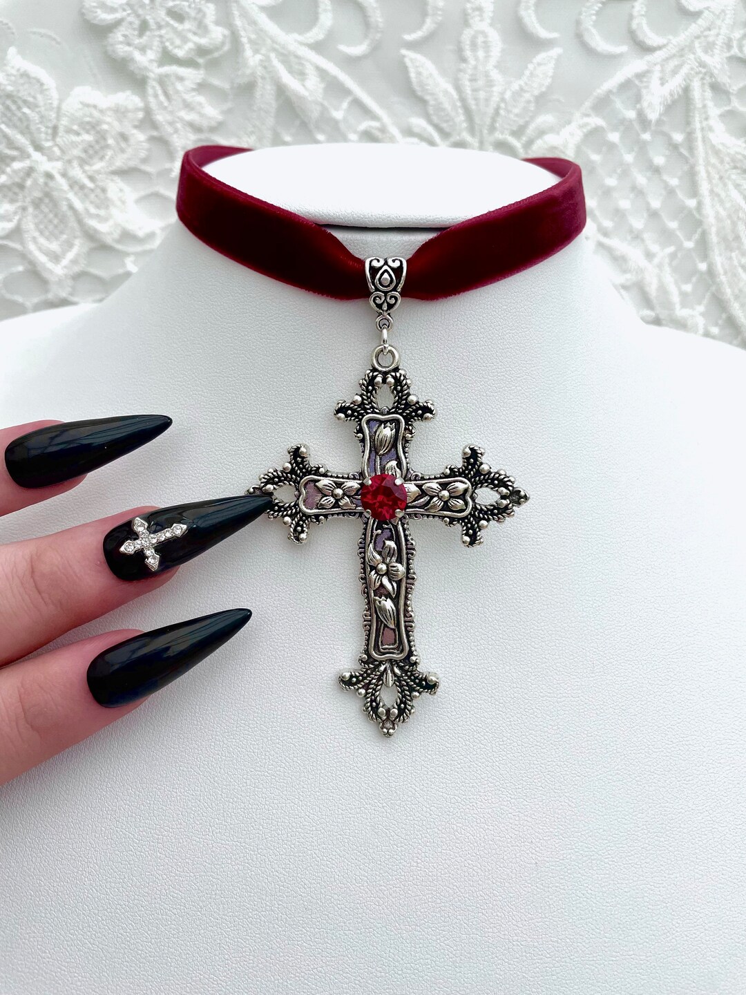 Large Cross Choker, Red Choker, Gothic Cross, Gothic Cross Velvet ...