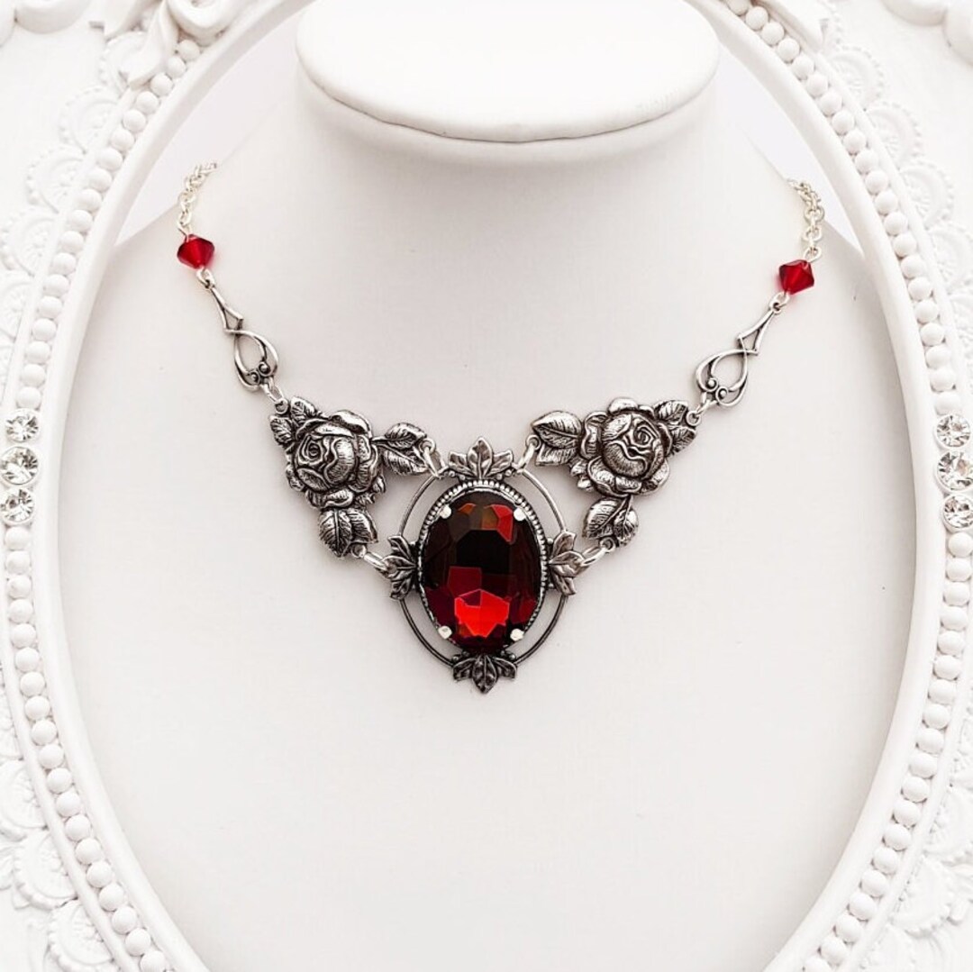 Romantic Silver Rose Glass Jewel Necklace red - Etsy UK