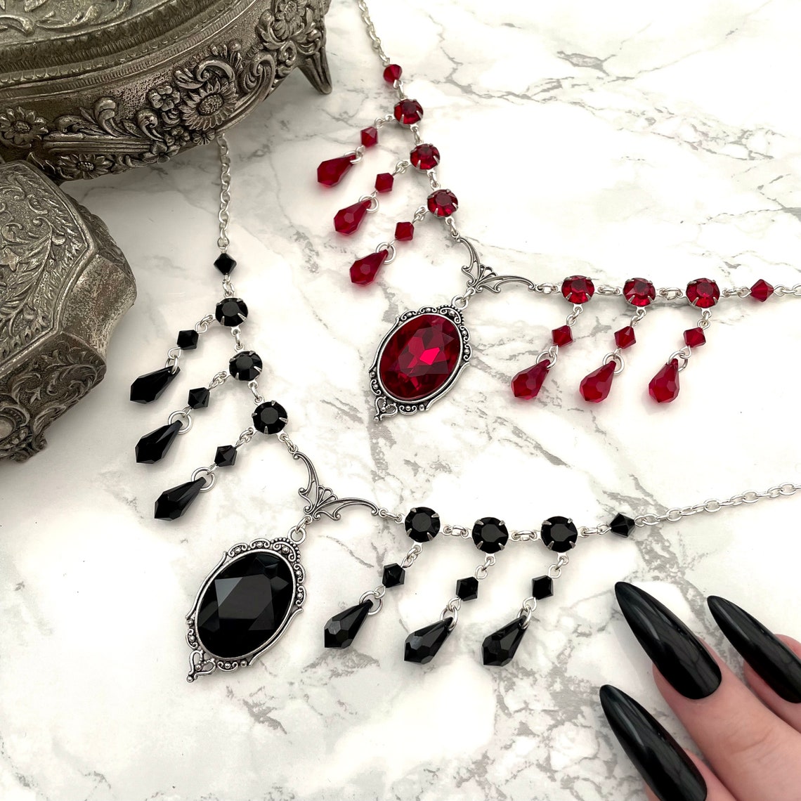 Gothic Red Crystal Drops Pendant Necklace: Victorian Vampiric Jewelry ...