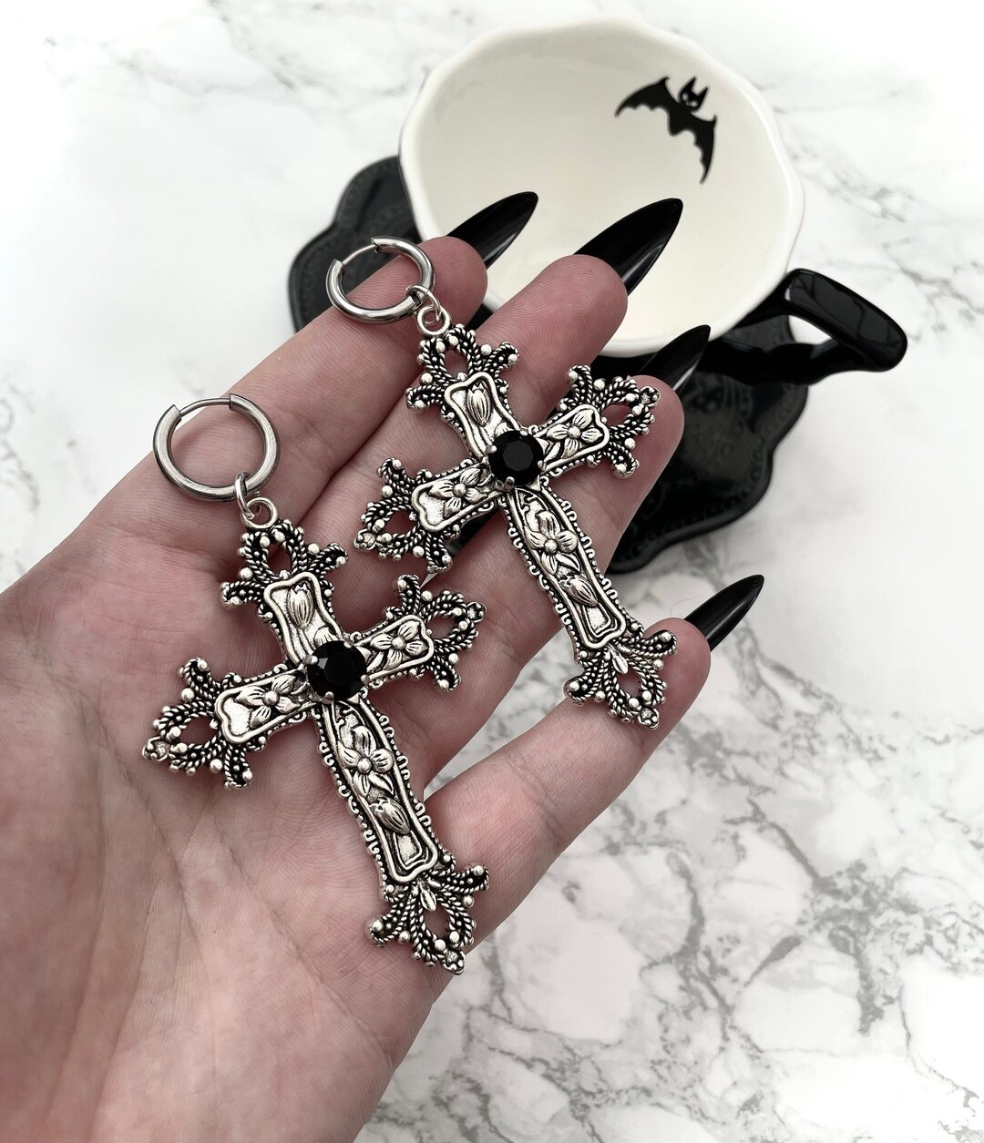 Large Silver Tone Gothic Jewel Cross Earrings, Gothic Cross Earrings ...