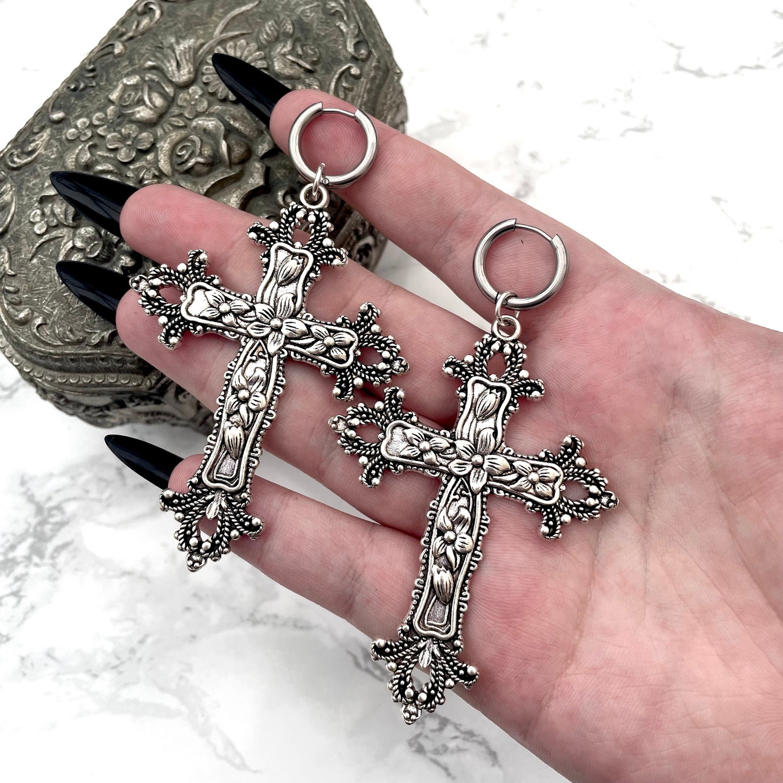 Large Silver Tone Floral Cross Earrings, Cross Earrings, Large Cross ...