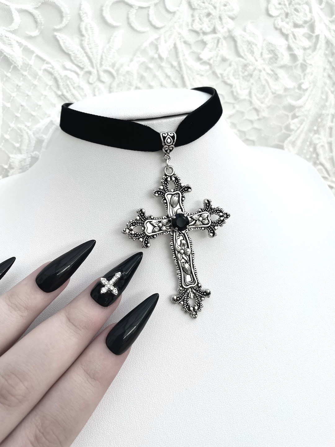 Large Cross Choker, Black Velvet Choker, Gothic Cross, Goth Velvet ...