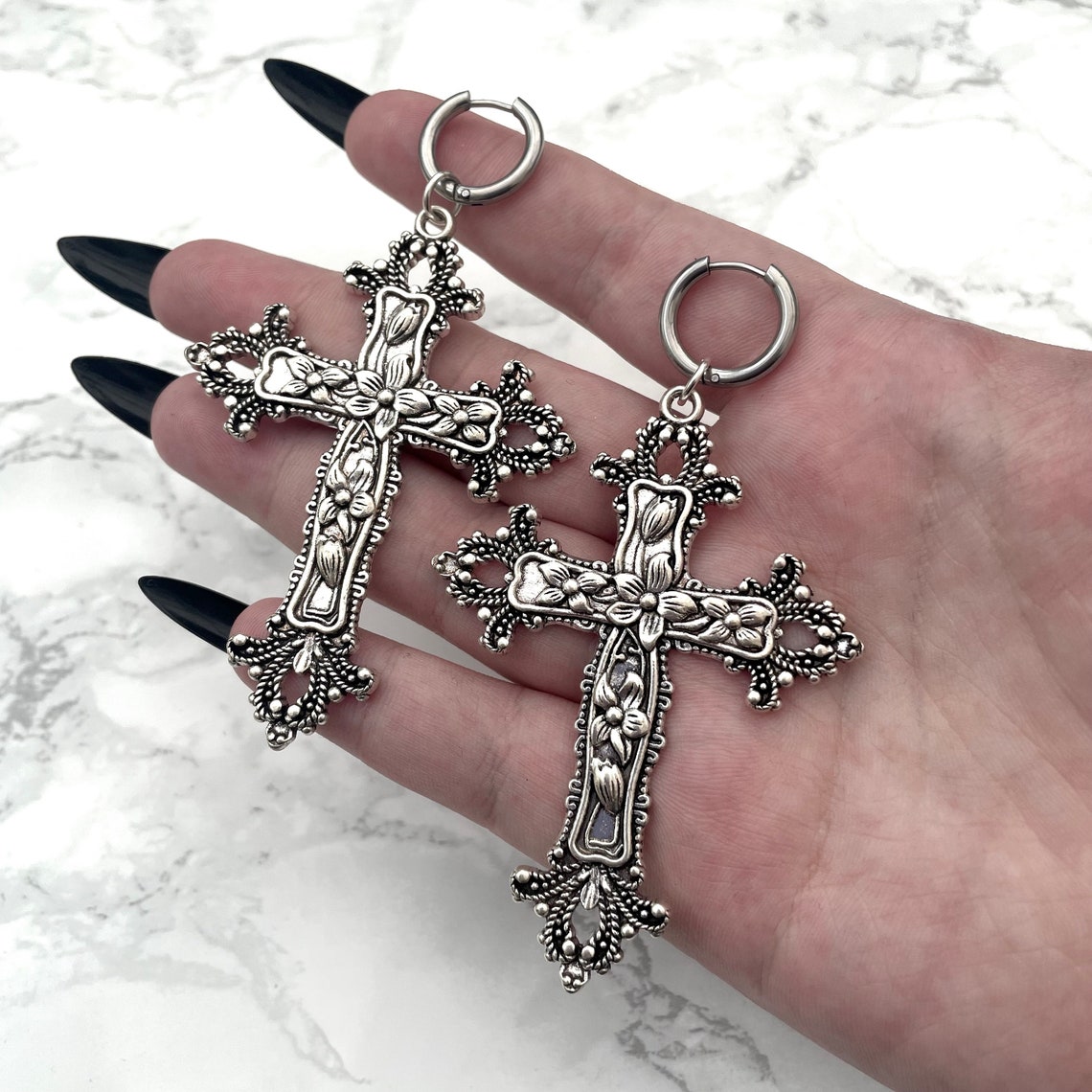 Large Silver Tone Floral Cross Earrings, Cross Earrings, Large Cross ...