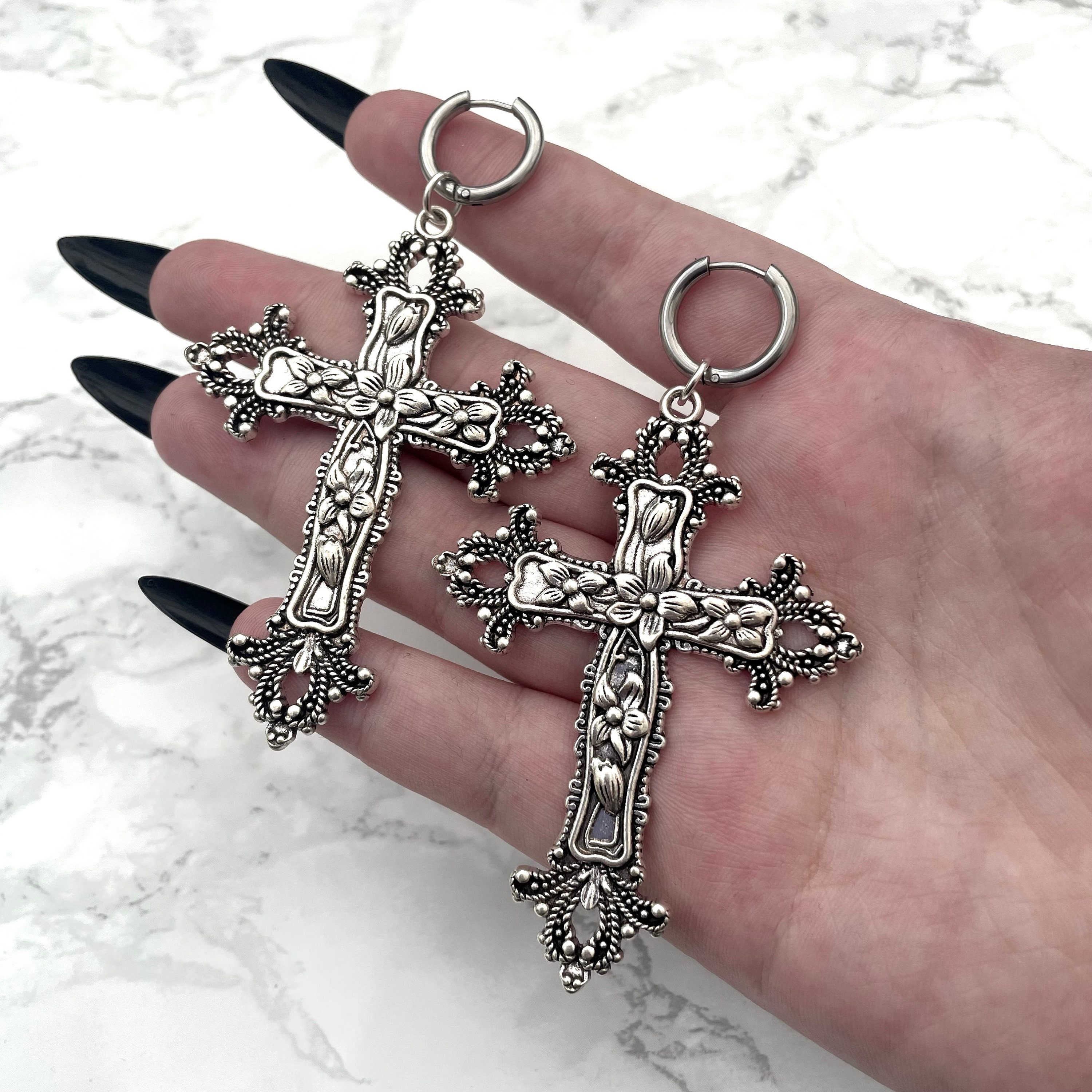Large Silver Tone Floral Cross Earrings, Cross Earrings, Large Cross ...