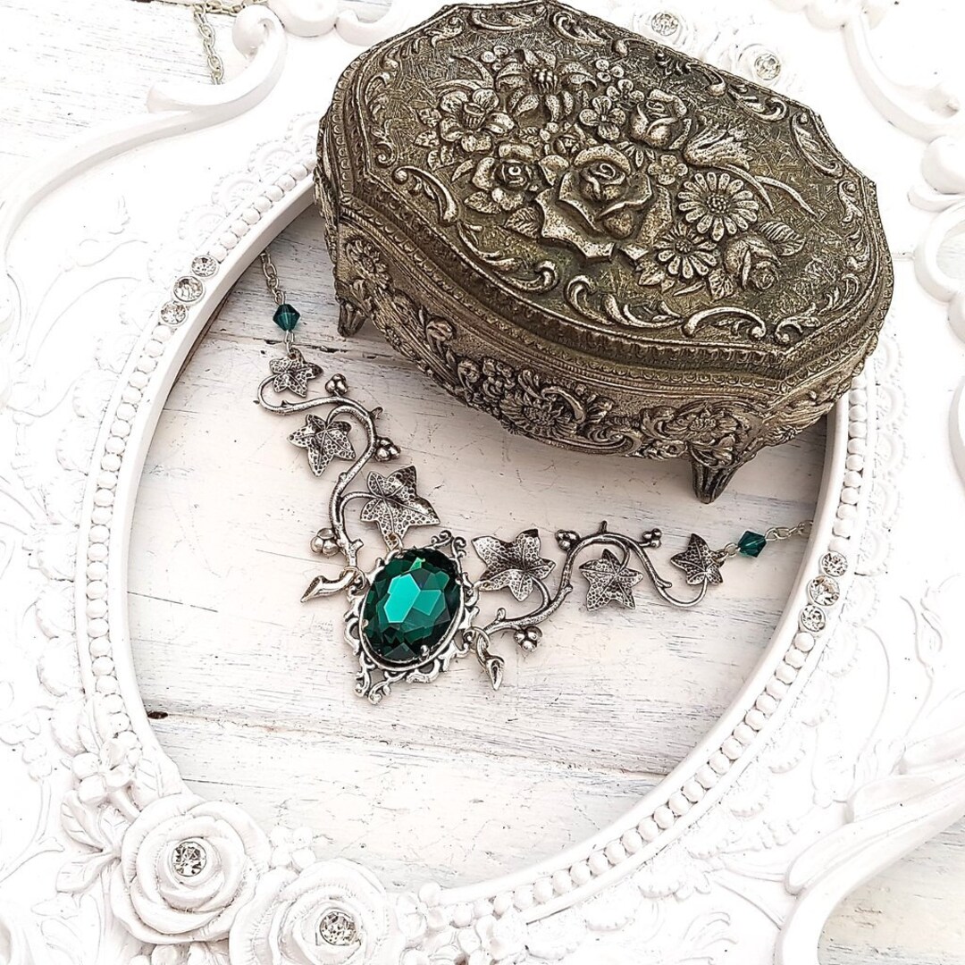 Silver Elven Necklace With Emerald Glass Stone, Forest Necklace With ...