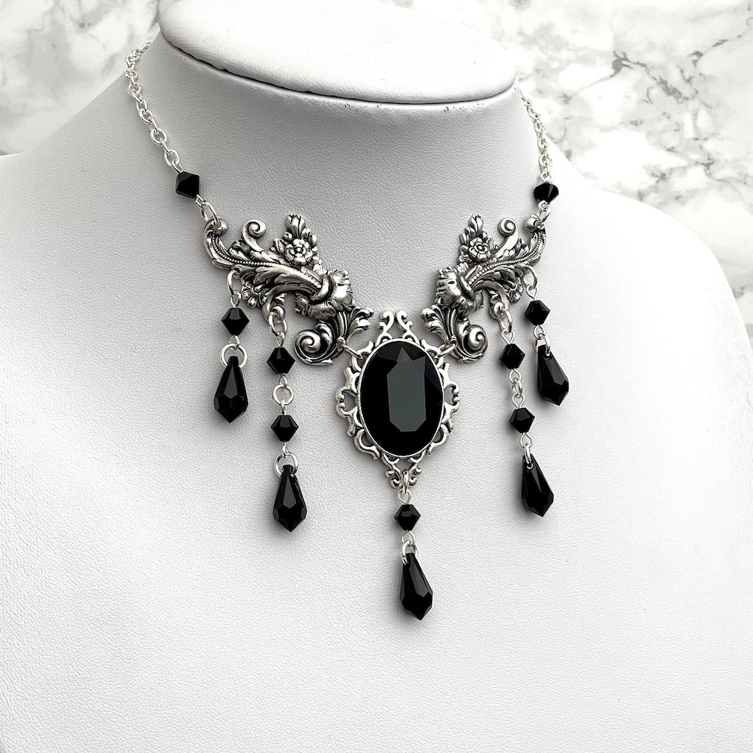 Gothic Black Glass Drop Necklace: Victorian Style Silver Plated Jewelry ...