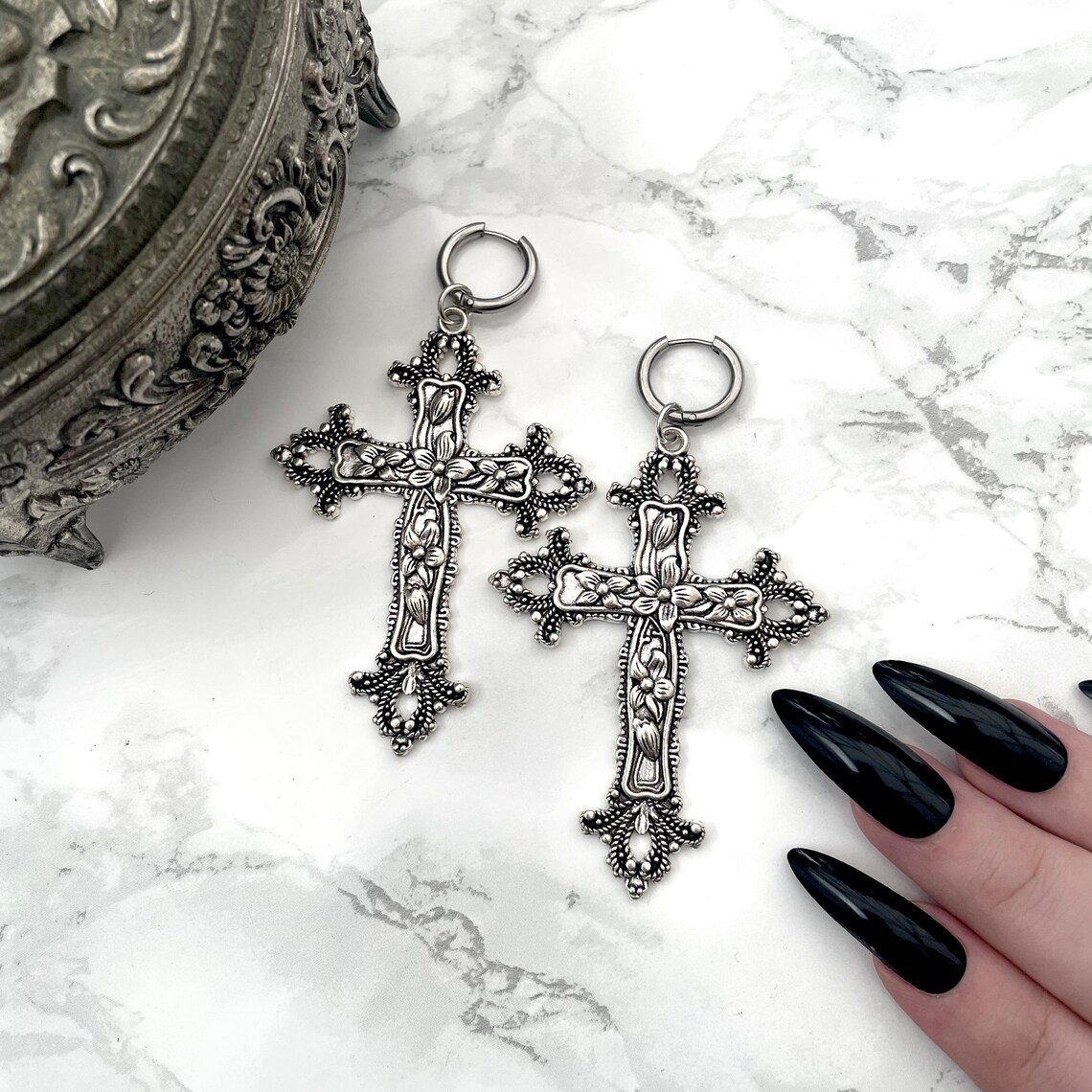 Large Silver Tone Floral Cross Earrings, Cross Earrings, Large Cross ...