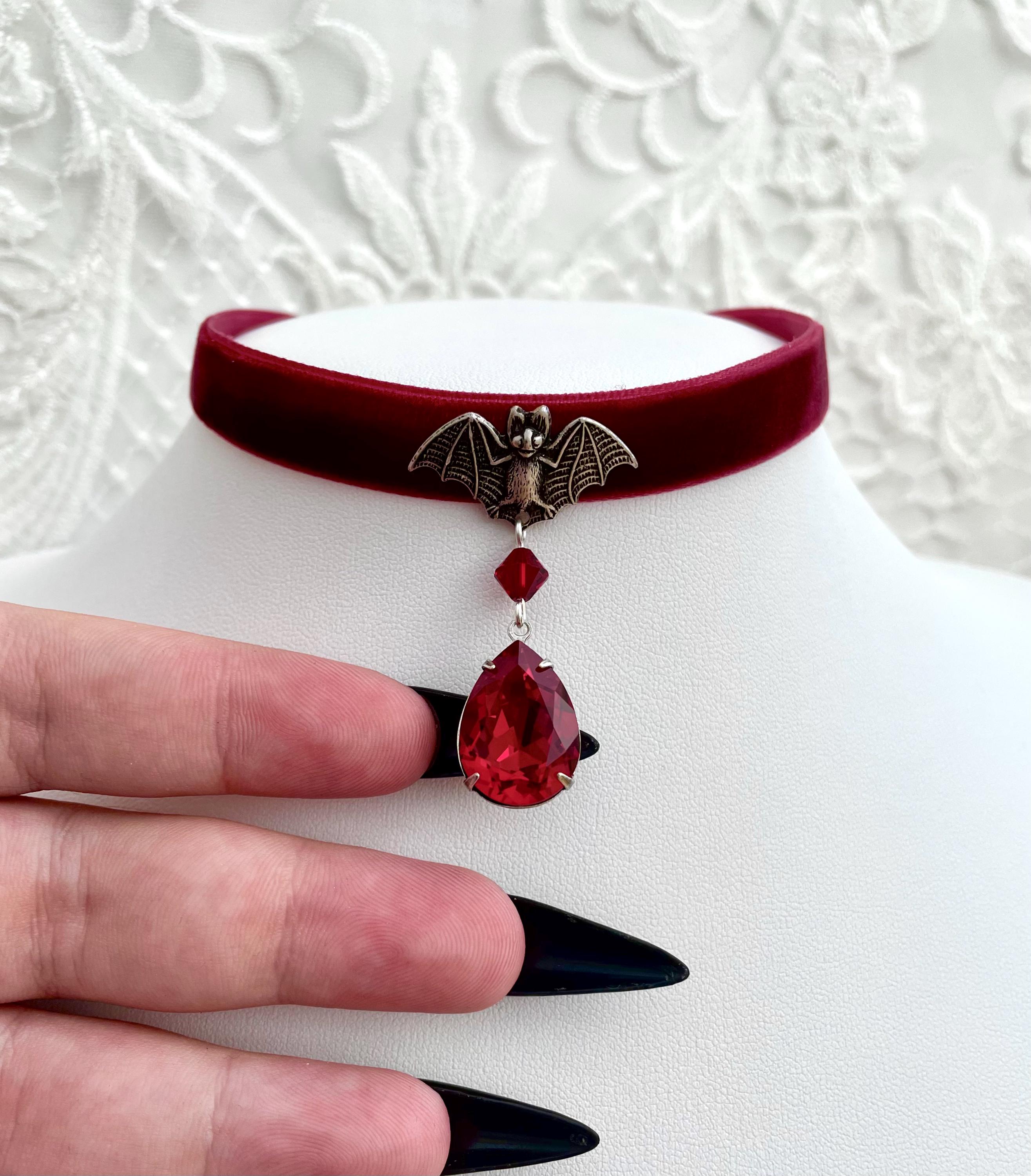 Velvet Bat Choker: Red Ribbon & Crystal Drop, Gothic Jewelry - Etsy