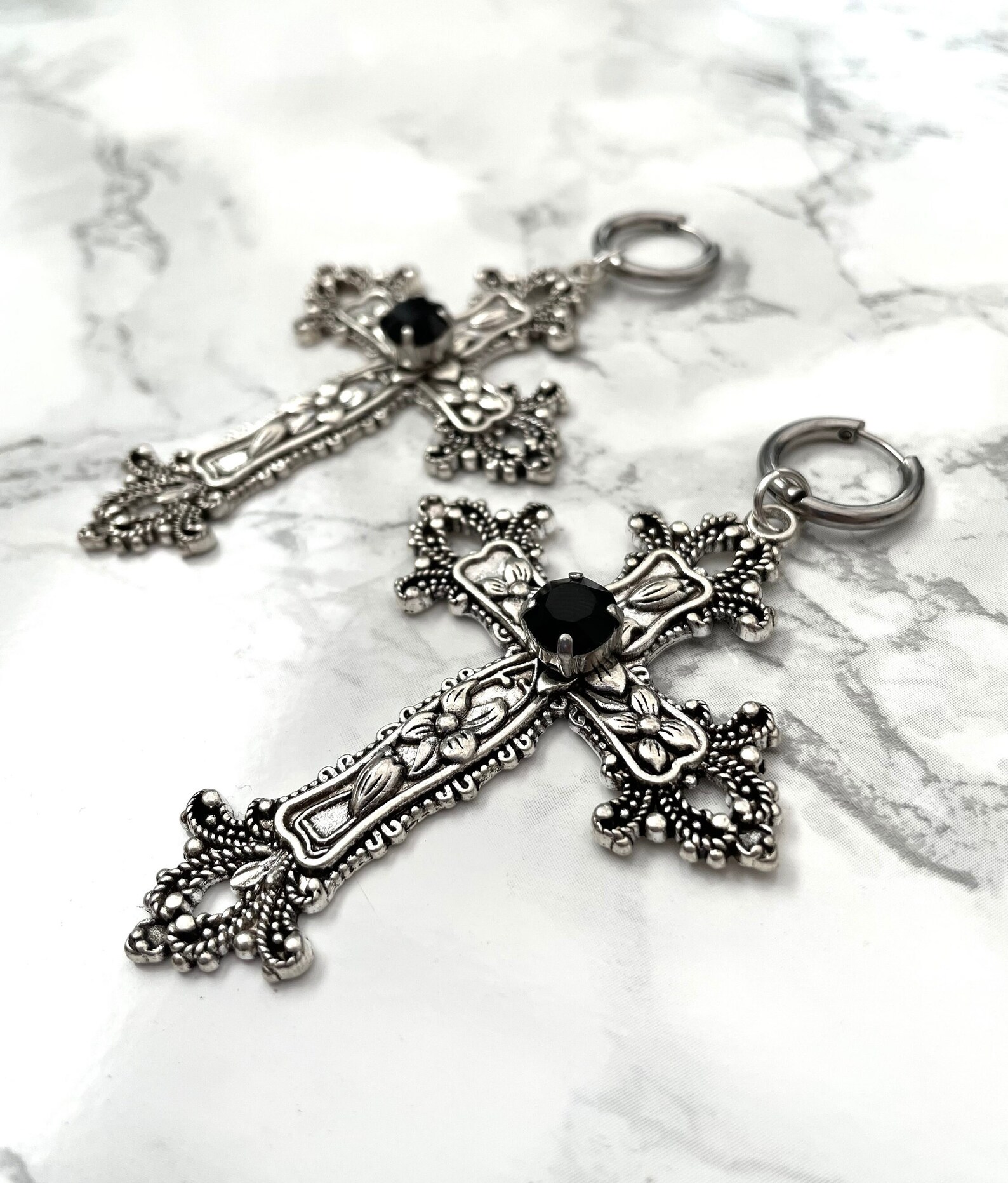 Large Silver Tone Gothic Jewel Cross Earrings, Gothic Cross Earrings ...