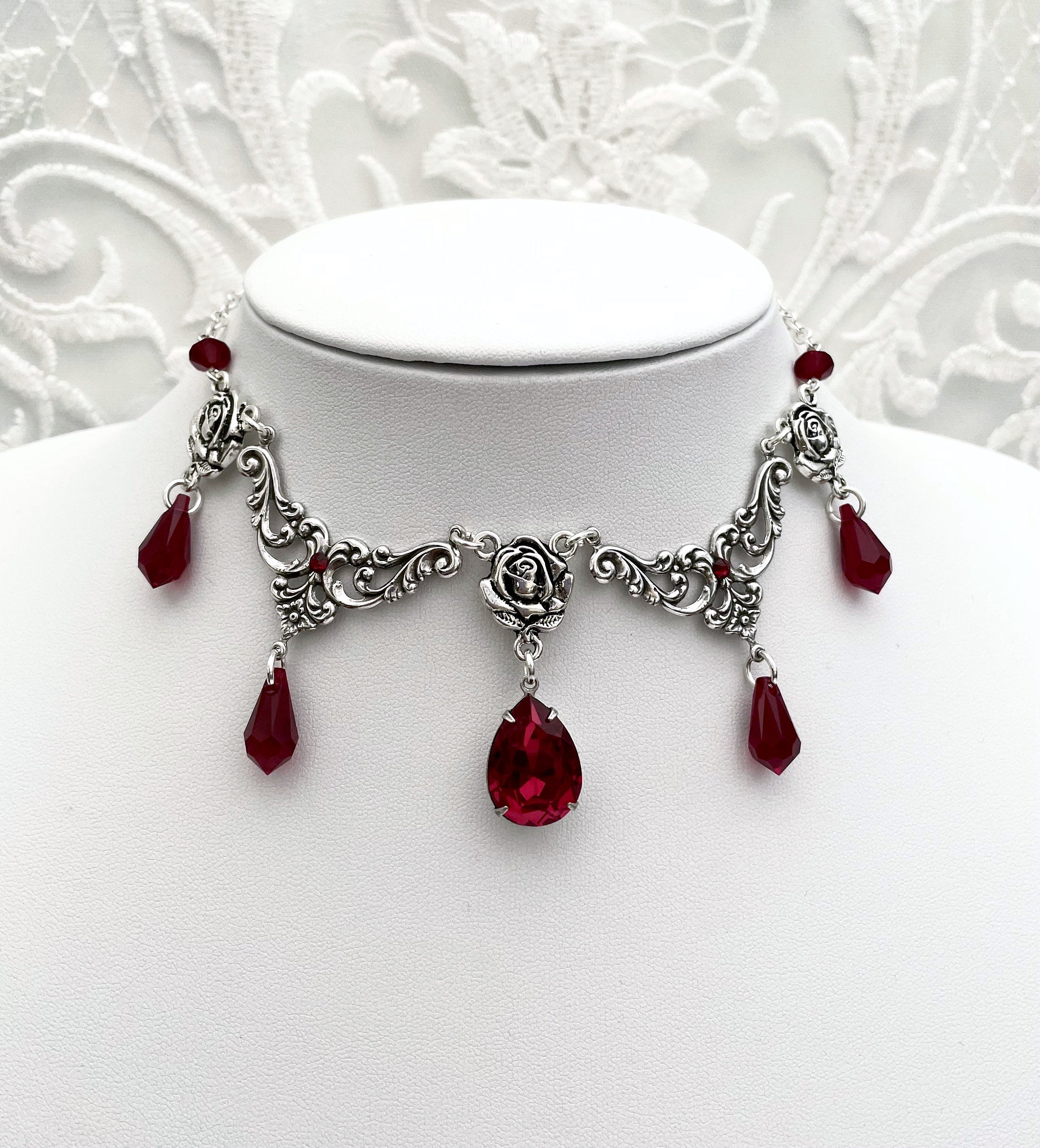 Silver Tone Gothic Red Drop Necklace Gothic Choker Silver - Etsy UK