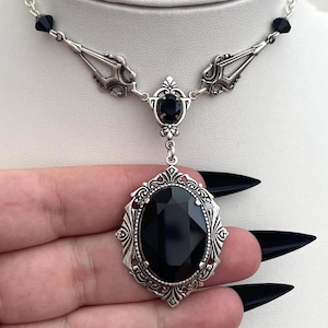 Gothic Necklace With Delicate Chain and Black Crystal Pendant ...
