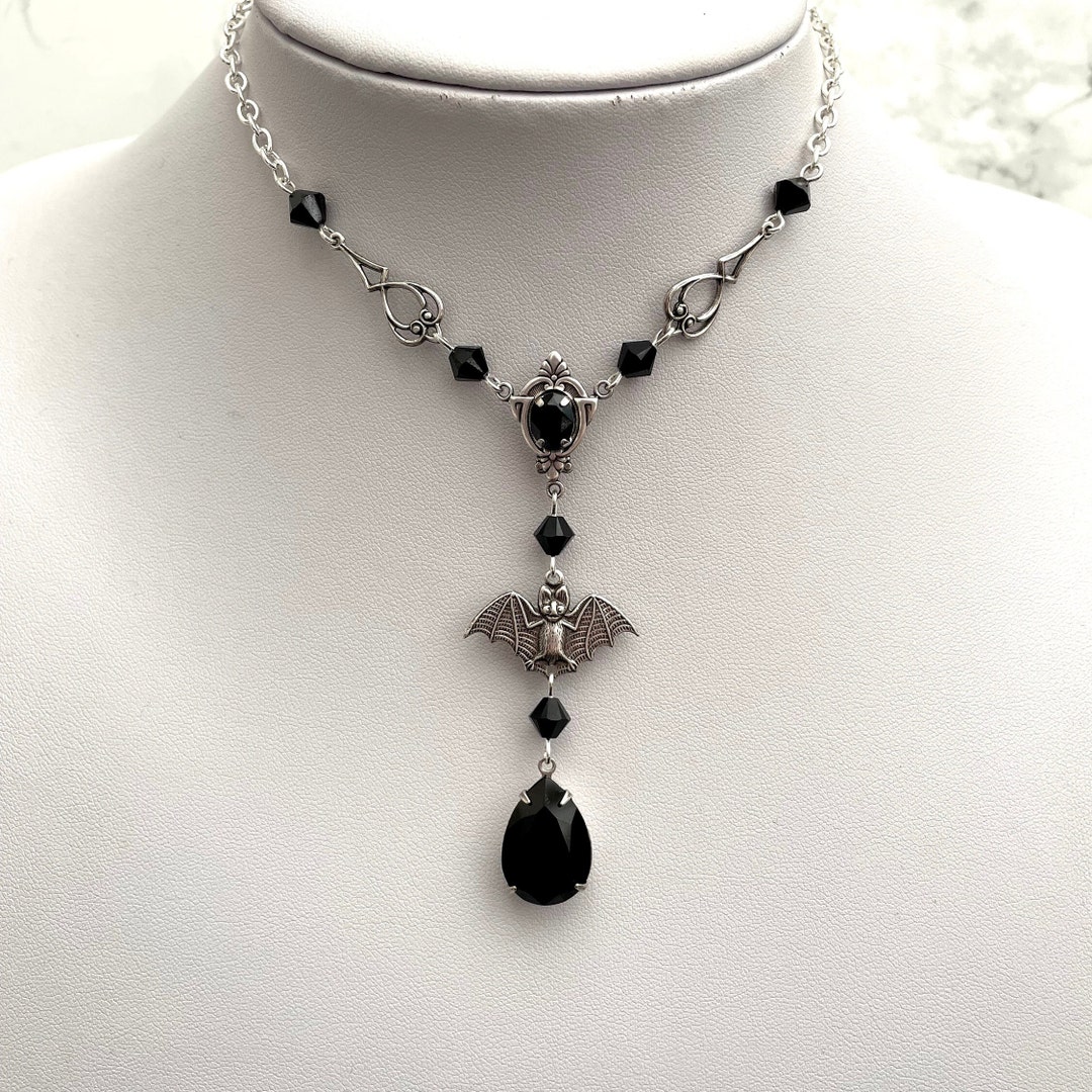 Gothic Bat Necklace: Black Glass Drop, Silver Filigree and Steel Chain ...