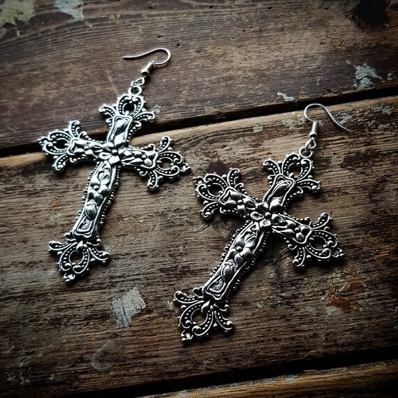 Large Silver Tone Floral Cross Earrings | Etsy