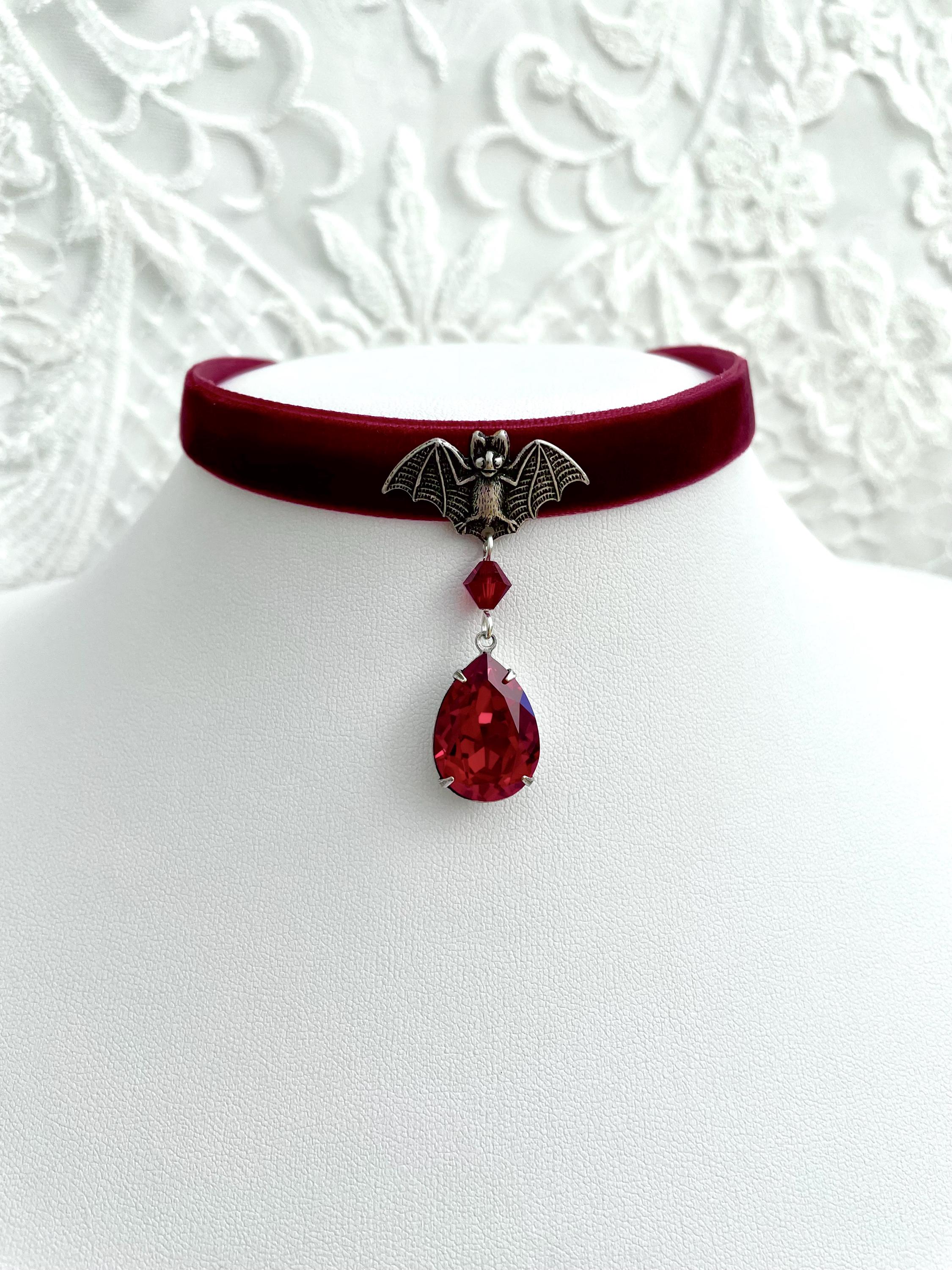 Velvet Bat Choker: Red Ribbon & Crystal Drop, Gothic Jewelry - Etsy
