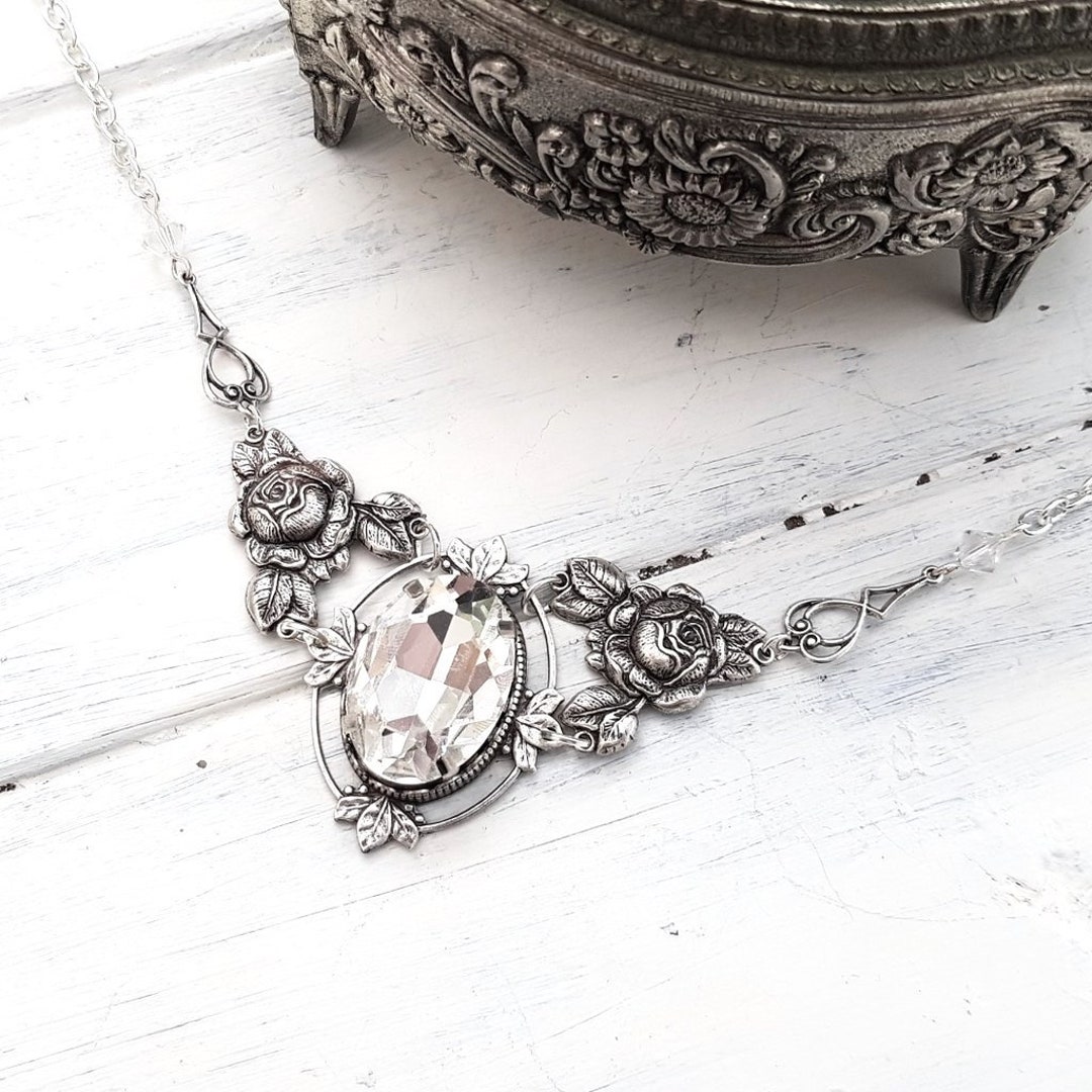 Romantic Elvish Silver Rose Glass Jewel Necklace clear - Etsy