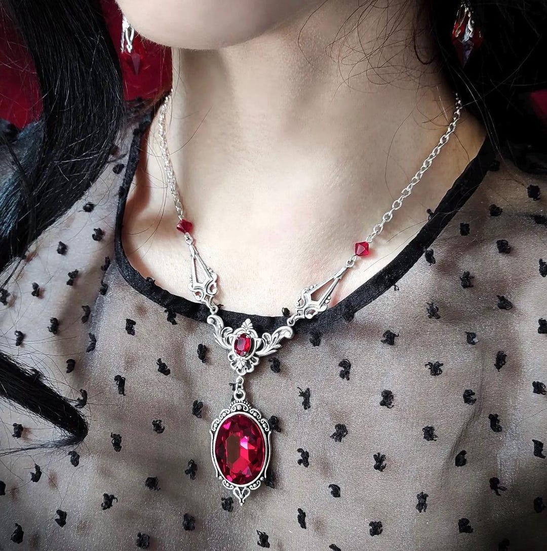 Gothic Silver Necklace: Red Crystal Necklace Victorian Goth Vampire ...