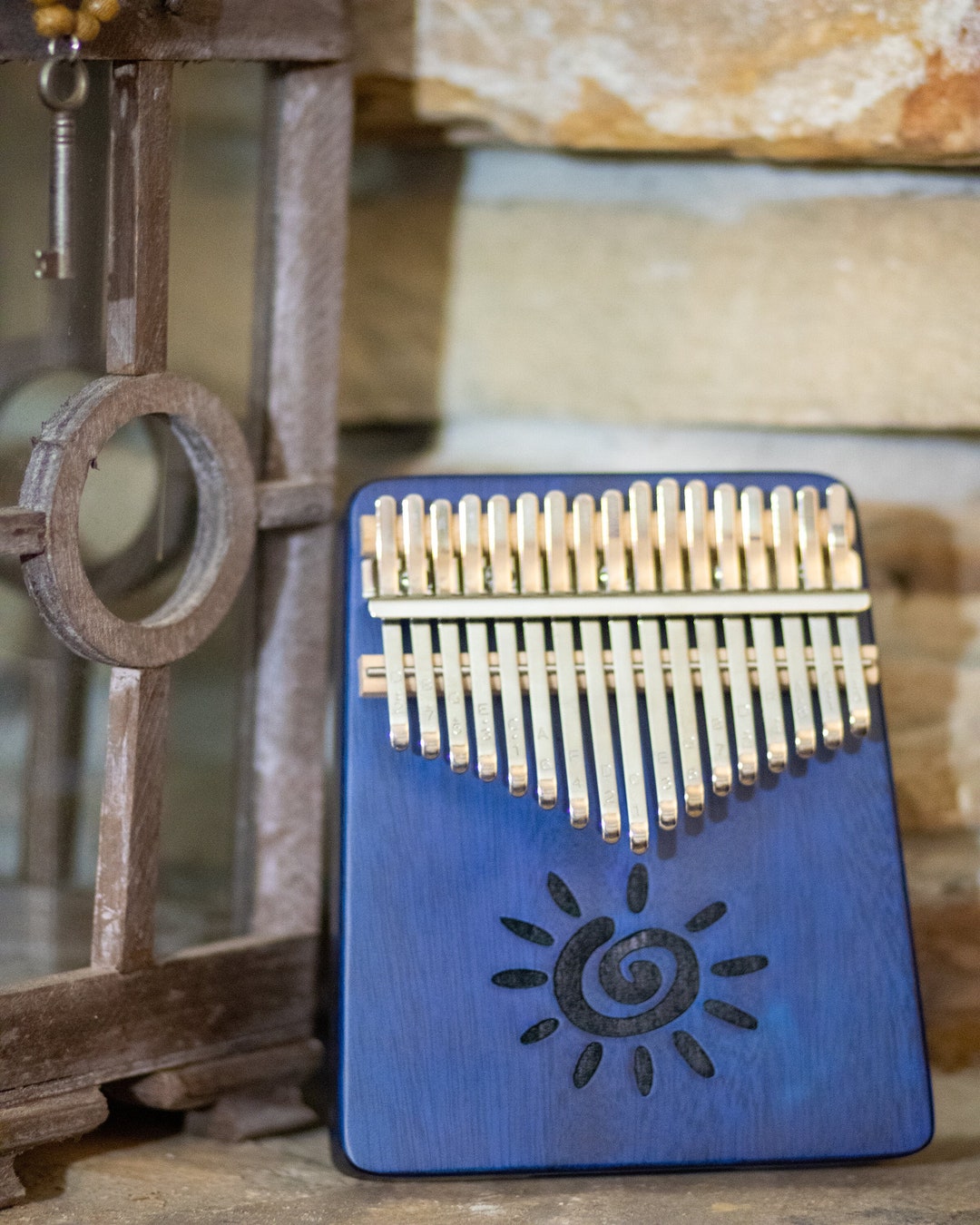 17 Key Kalimba Thumb Piano Shaman Spiral Symbol, Blue Finger Hand Piano ...
