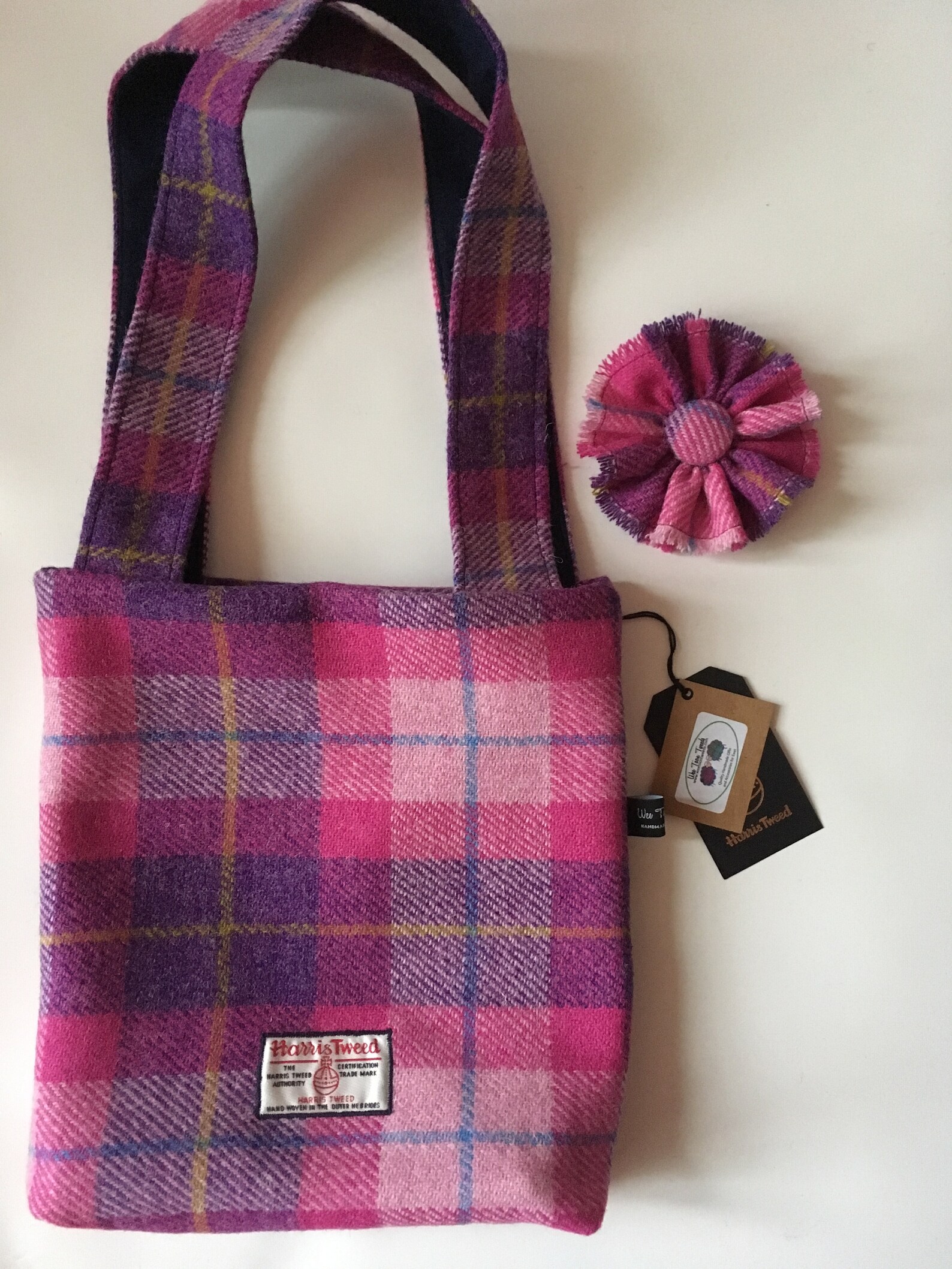 Pink Tartan Harris Tweed Handbag With Detachable Brooch, Mother's Day ...