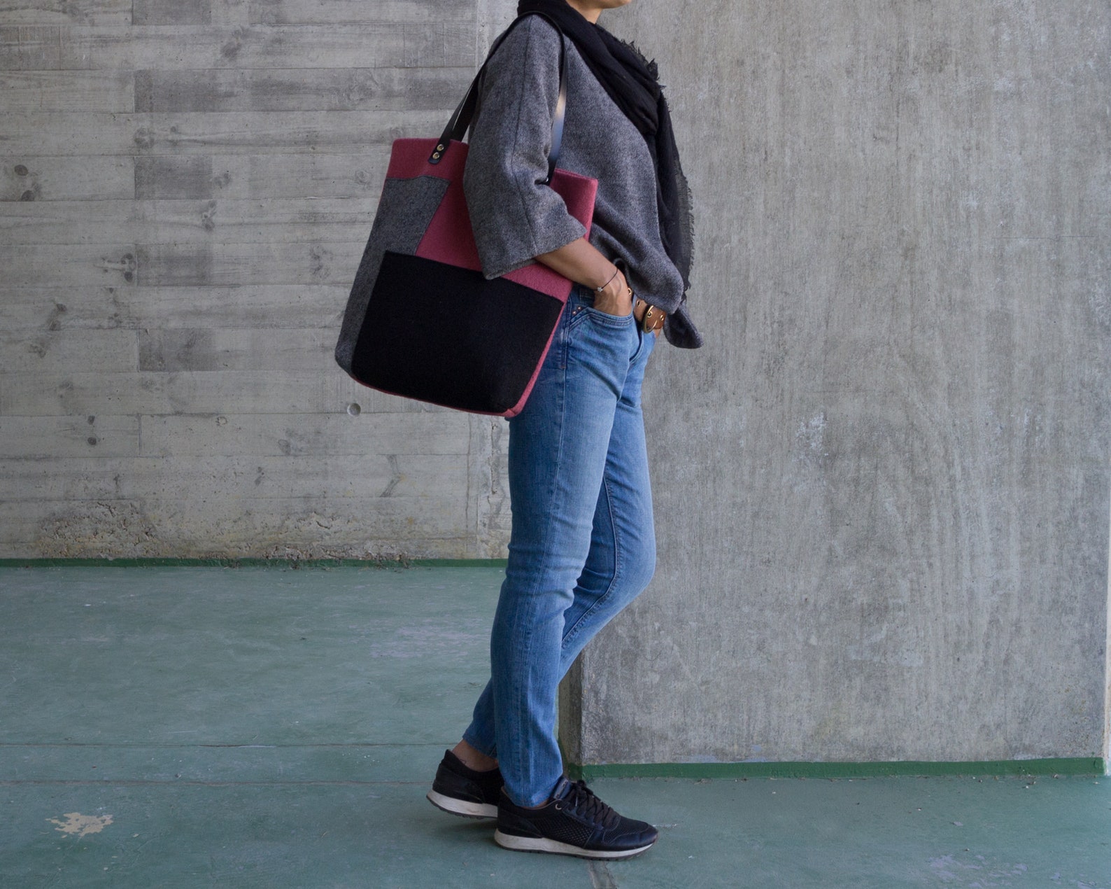 Large wool tote bag with leather handles for everyday woman | Etsy