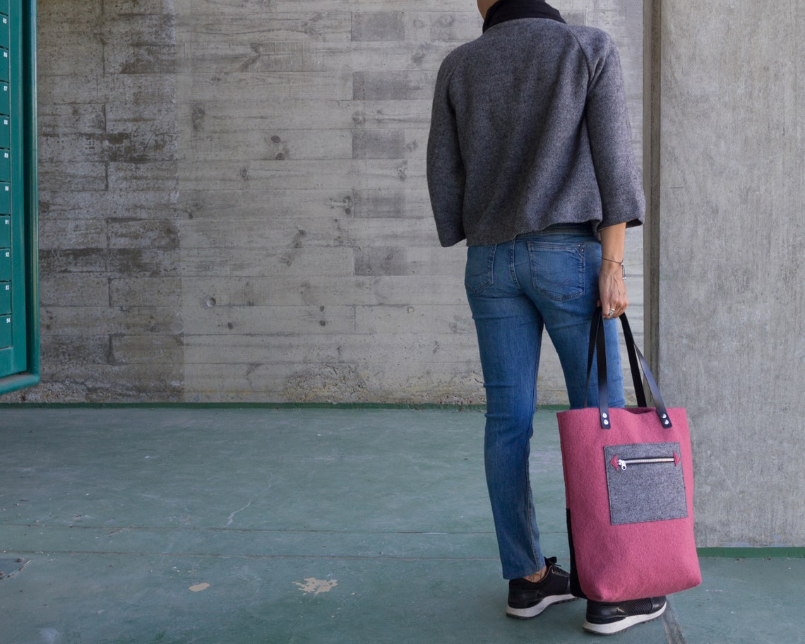 Large wool tote bag with leather handles for everyday woman | Etsy