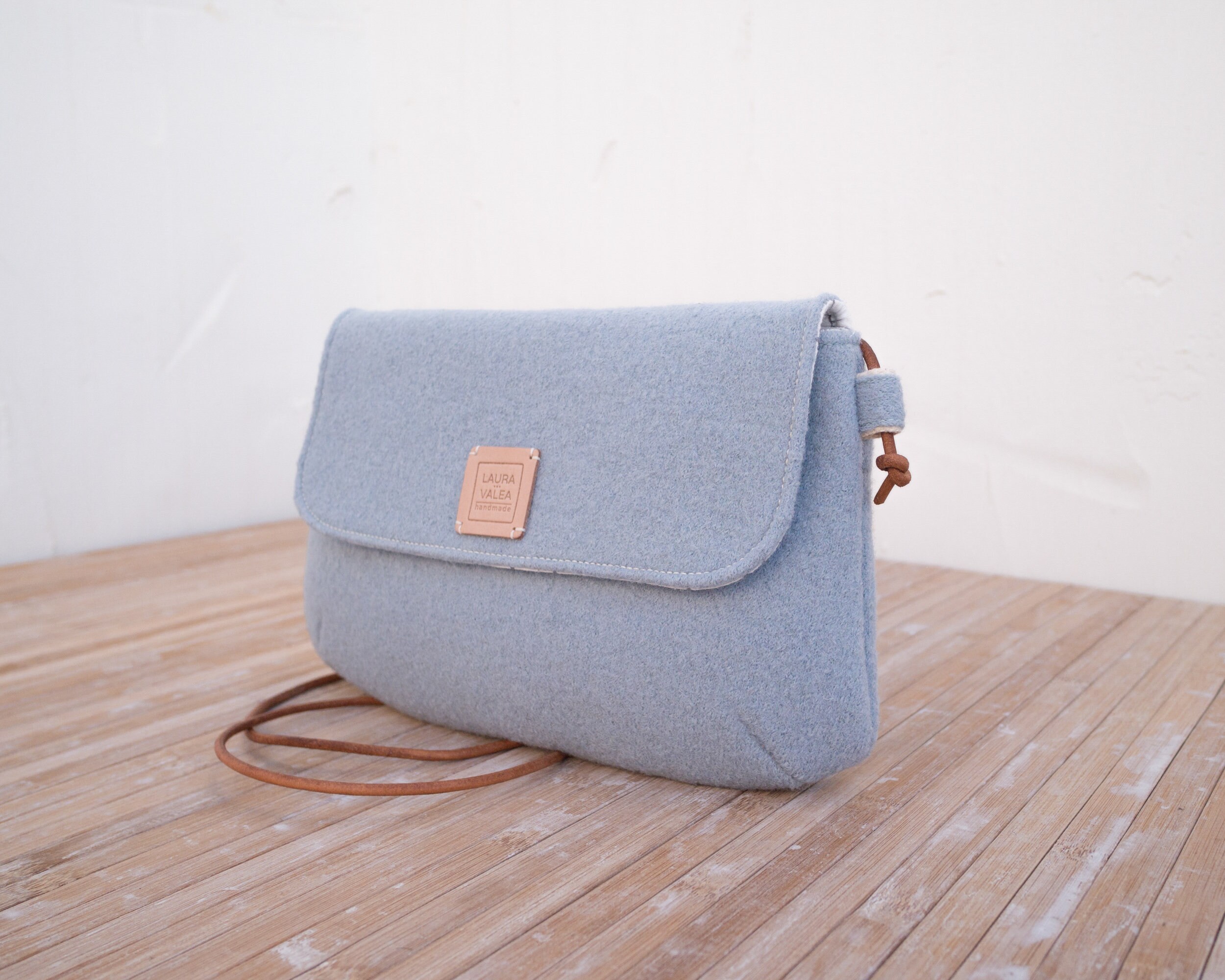 Light Blue Shoulder Bag With Leather Strap. Wool Crossbody Bag | Etsy