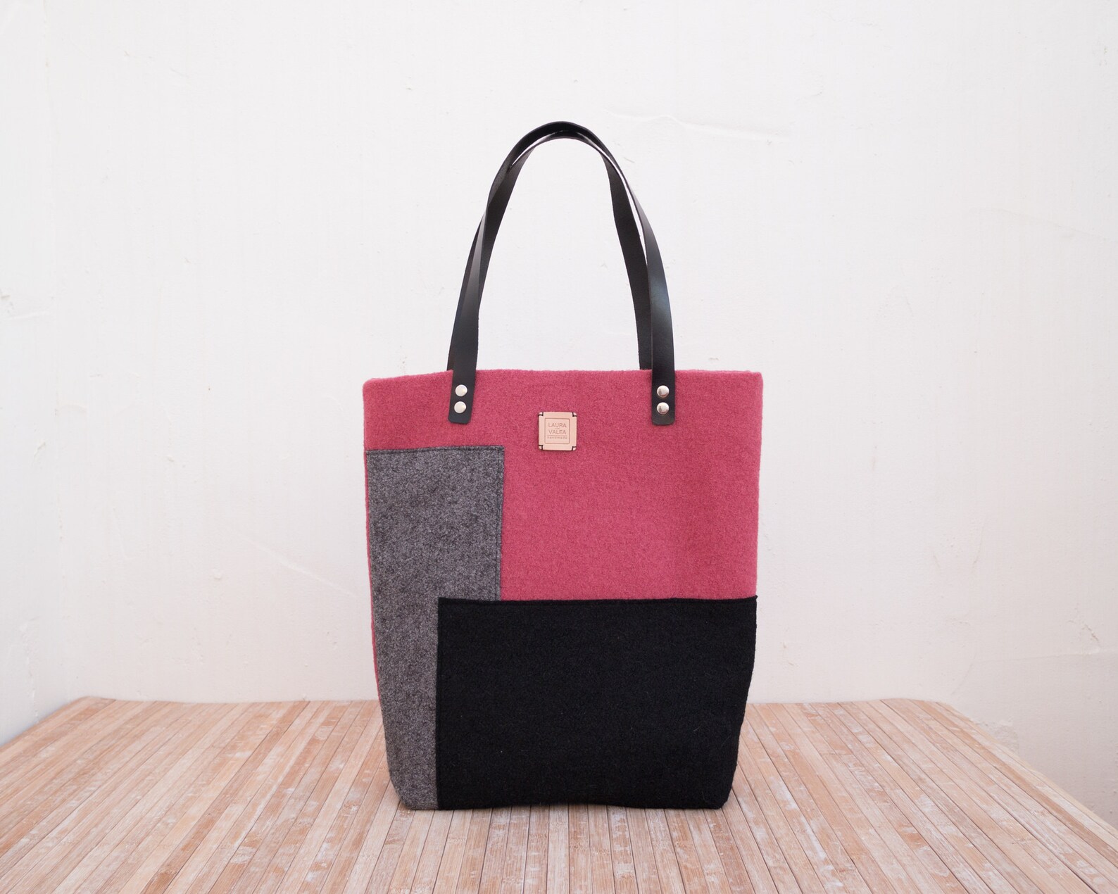 Large wool tote bag with leather handles for everyday woman | Etsy