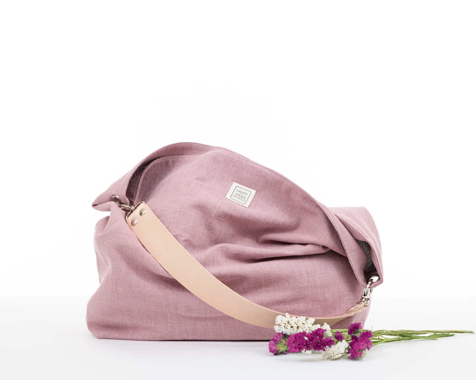 Pink Linen Hobo Handbag. Comfy Shoulder Bag for Woman. Large Purse of ...